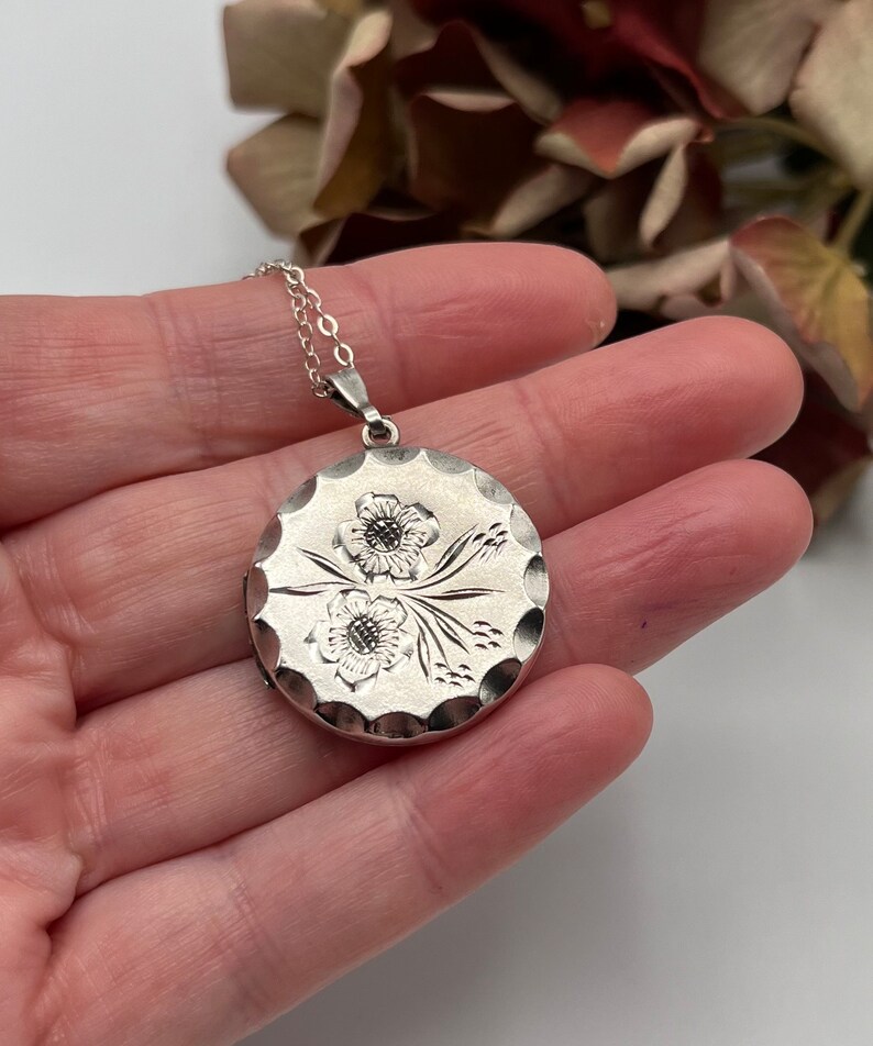 Vintage Silver Plated Locket Optional Chain Mid Century Etched Floral ...