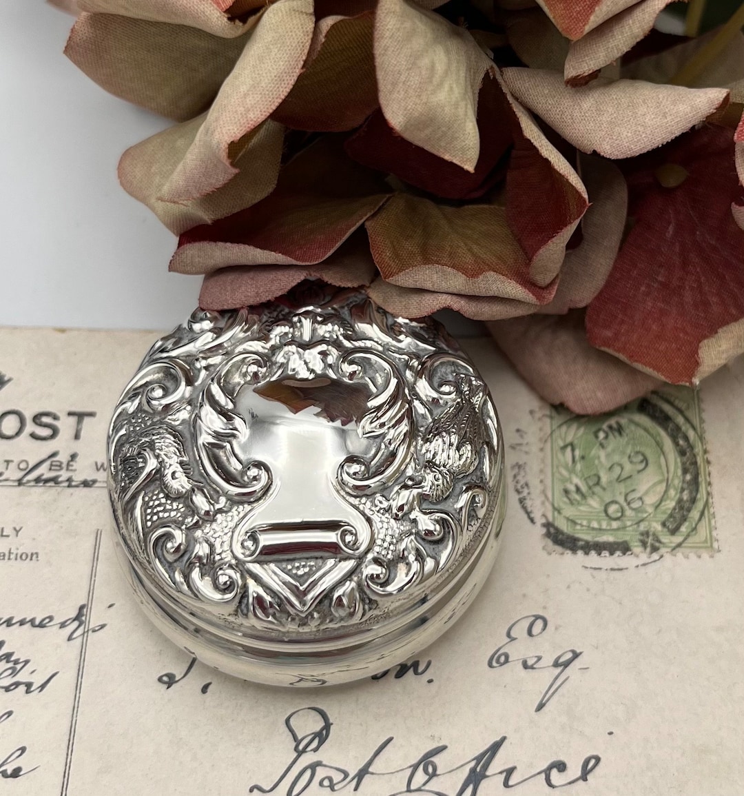Vintage Sterling Silver Embossed Pill Box Round Pill Box Removable Lid ...