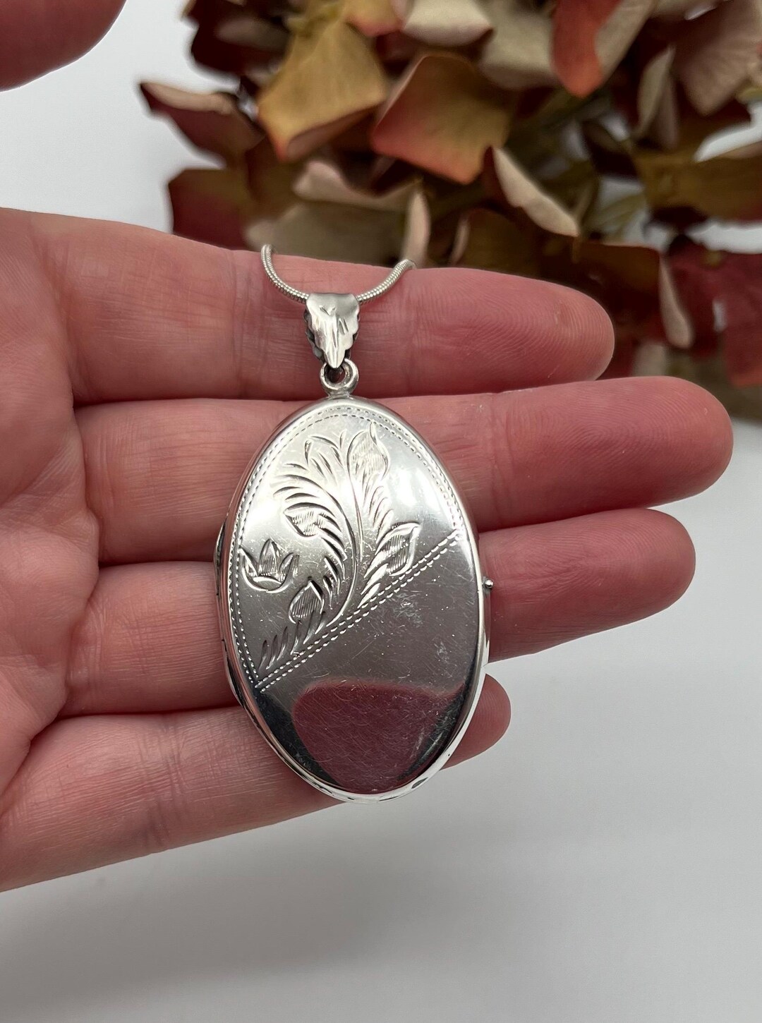 Vintage Silver LARGE Locket and Chain Silver Stamped Oval Silver Etched ...