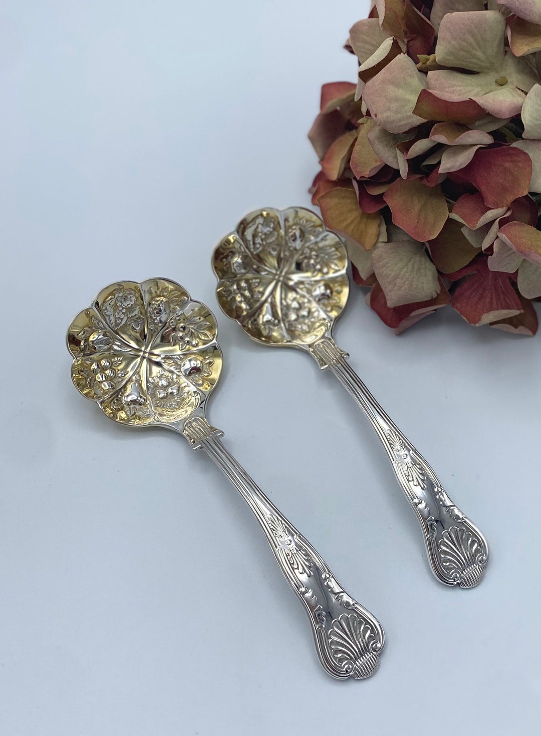 Vintage PAIR Silver Plated Ornate Guilded BERRY Spoons - Kings Pattern ...