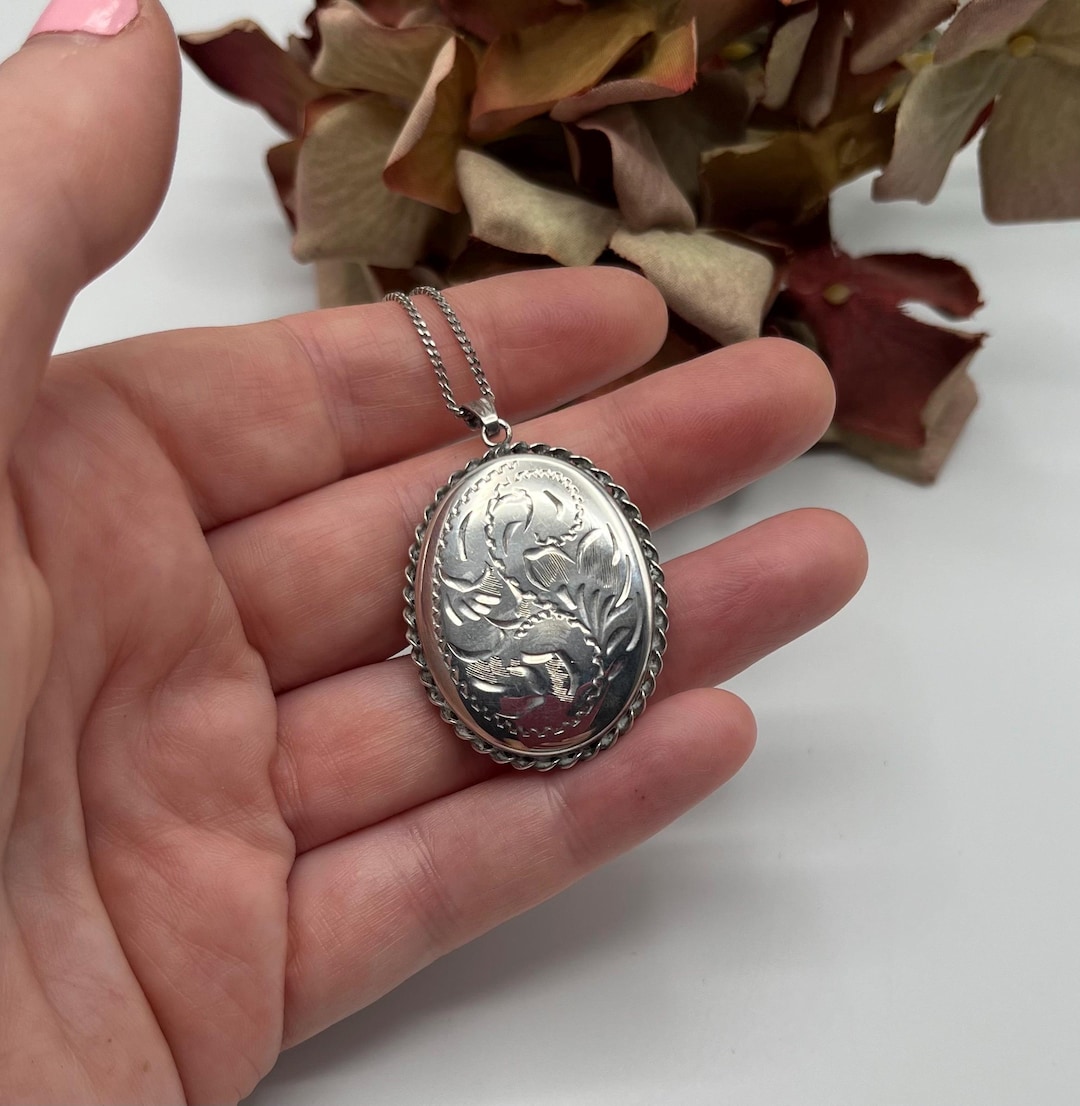Vintage Large Silver Locket and Chain - Silver Stamped - Oval - Silver ...