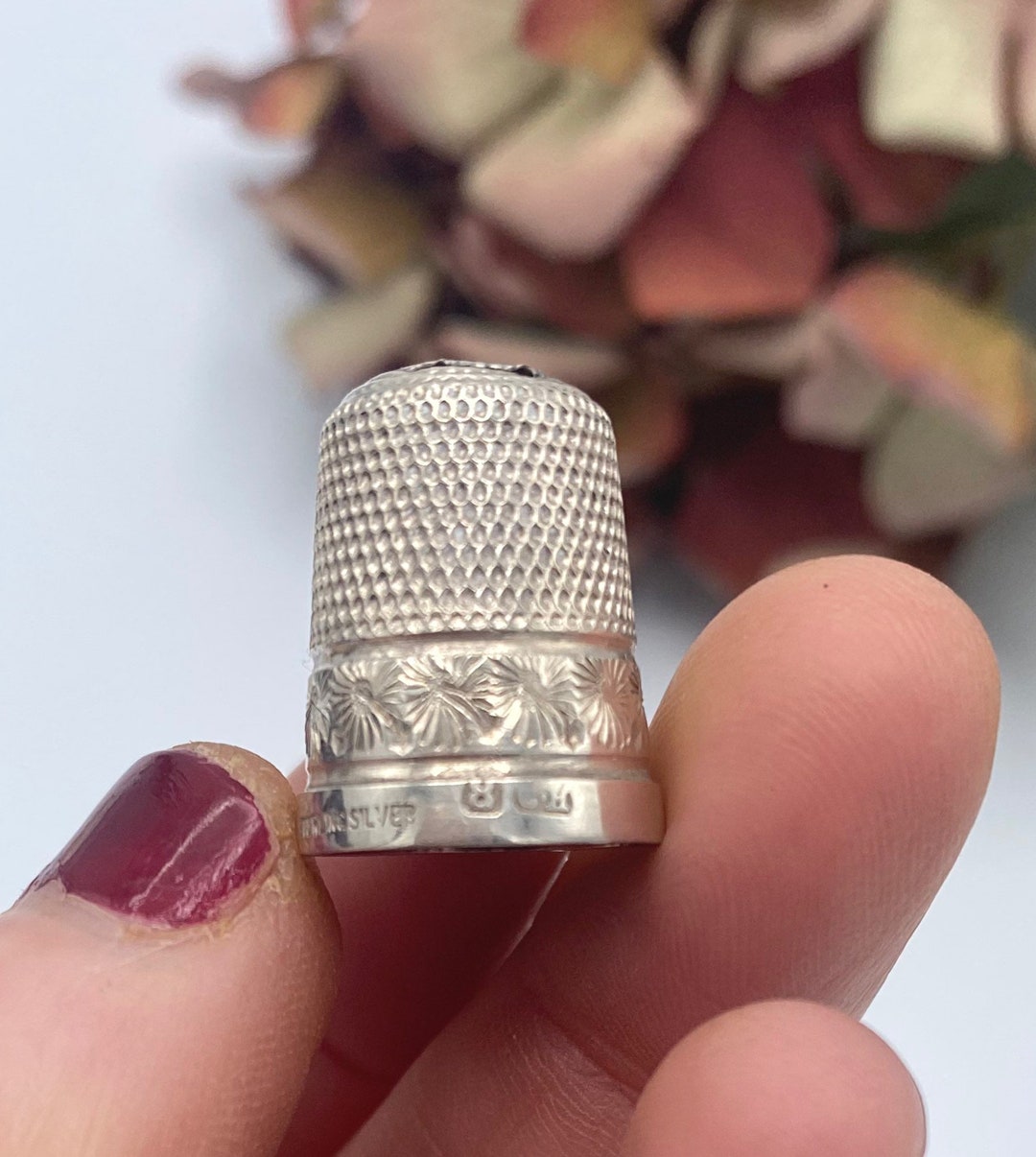 Vintage Sterling Silver Thimble Size 8 - Flower Design Base - Collectable Hallmarked Thimble ...