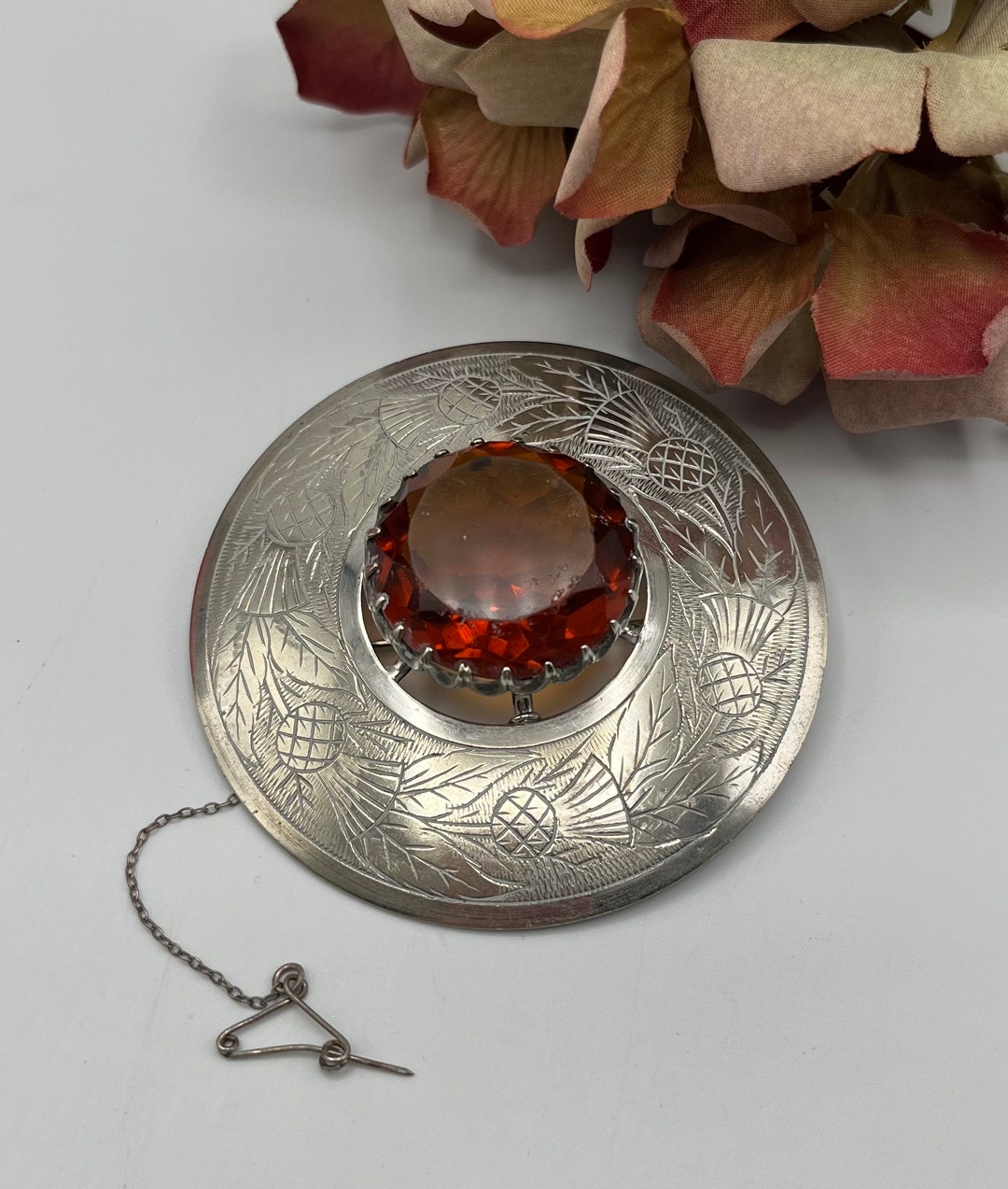 Vintage Scottish Kilt Pin: Amber Glass, Silver Plated Thistle Brooch - Etsy