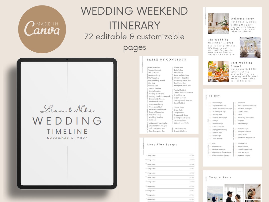 72 Pages WEDDING WEEKEND ITINERARY Template | Wedding Planner Digital ...