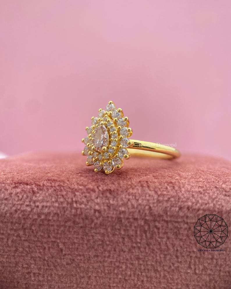 Pink Diamond Halo Ring Pear Shaped 14K Yellow Gold Lab Grown Diamond ...