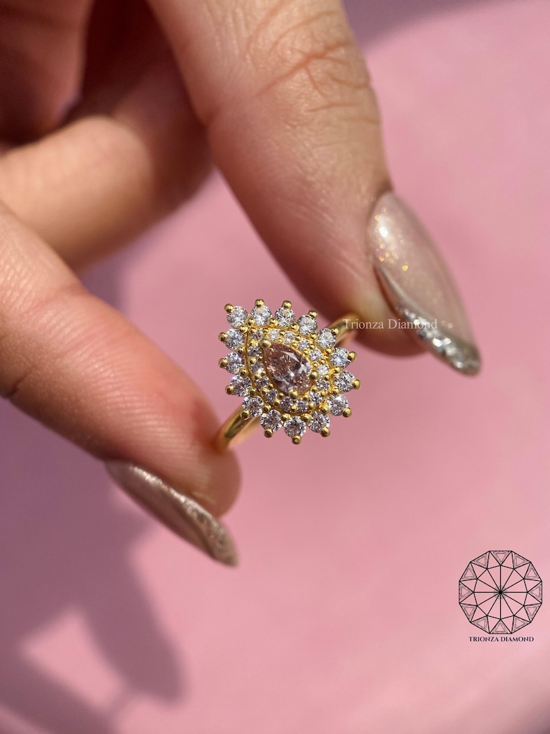 Pink Diamond Halo Ring Pear Shaped 14K Yellow Gold Lab Grown Diamond ...