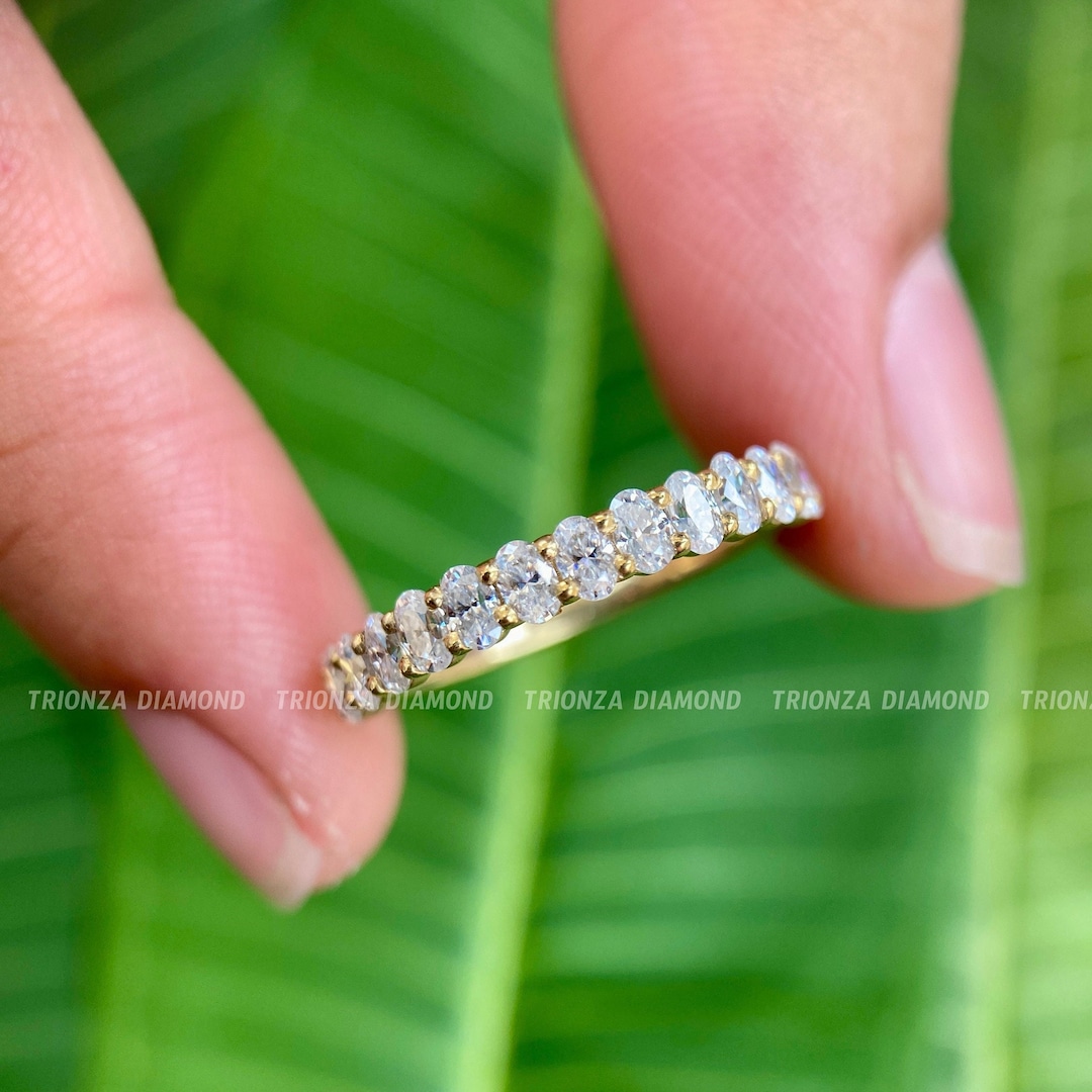 0.96 TCW Oval Cut Lab Grown Diamond Ring Half Eternity Lab Diamond Band ...