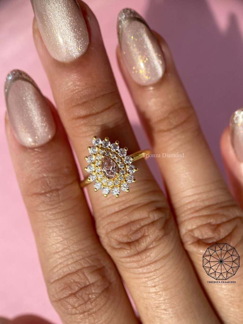 Pink Diamond Halo Ring Pear Shaped 14K Yellow Gold Lab Grown Diamond ...