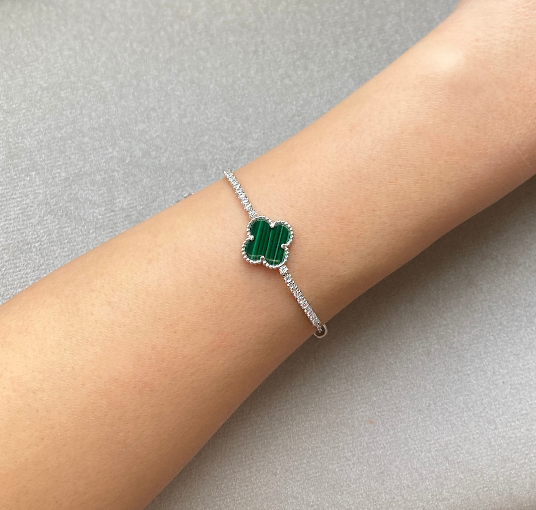 Green Enameled Van Cleef Silver Bracelet, Green Color Clover Bracelet ...