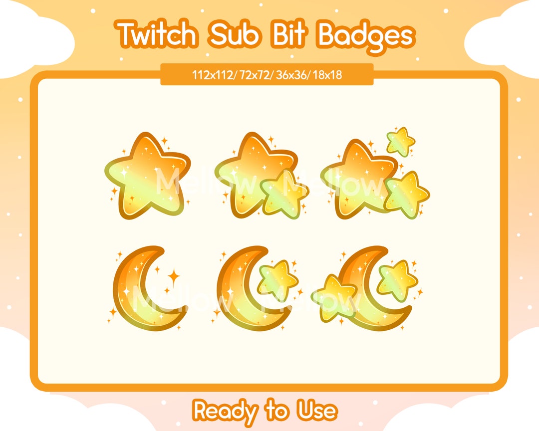 Twitch Sub Badges Star Moon | Bit Badges | Yellow Moon Badges | Cute ...