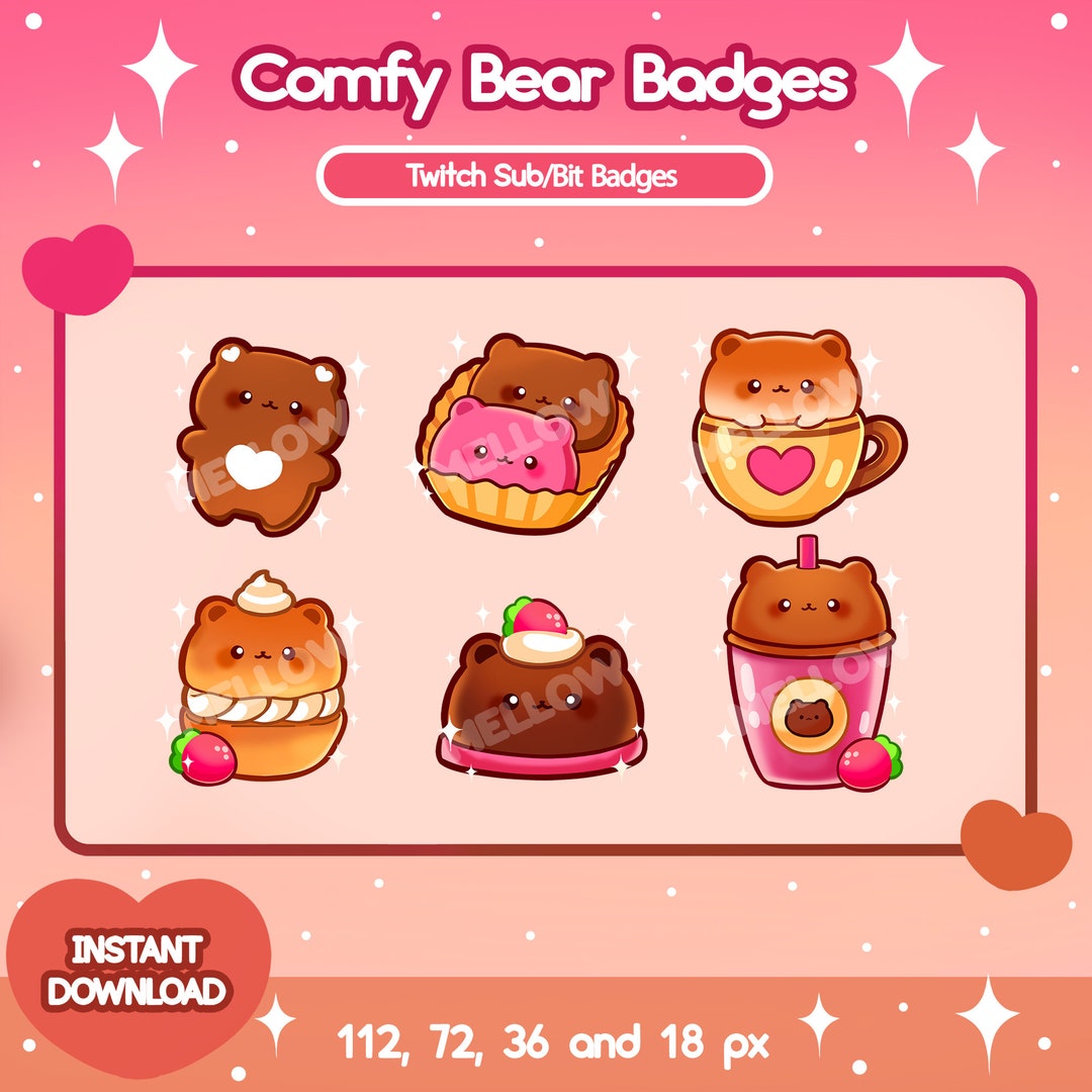 Kawaii Bear Sub Badges for Twitch, Sub Bit Badges, Comfy Dessert Bears ...