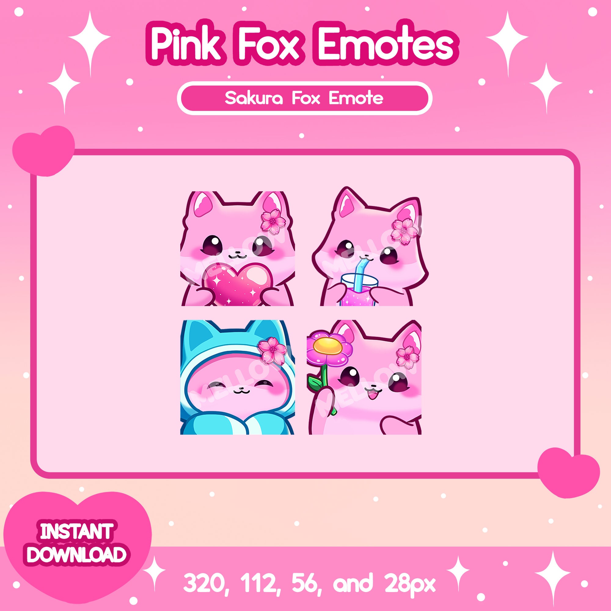 Emote Fox, 4 Cute Emotes for Streaming, Digital, Chibi Pink Fox Emote ...