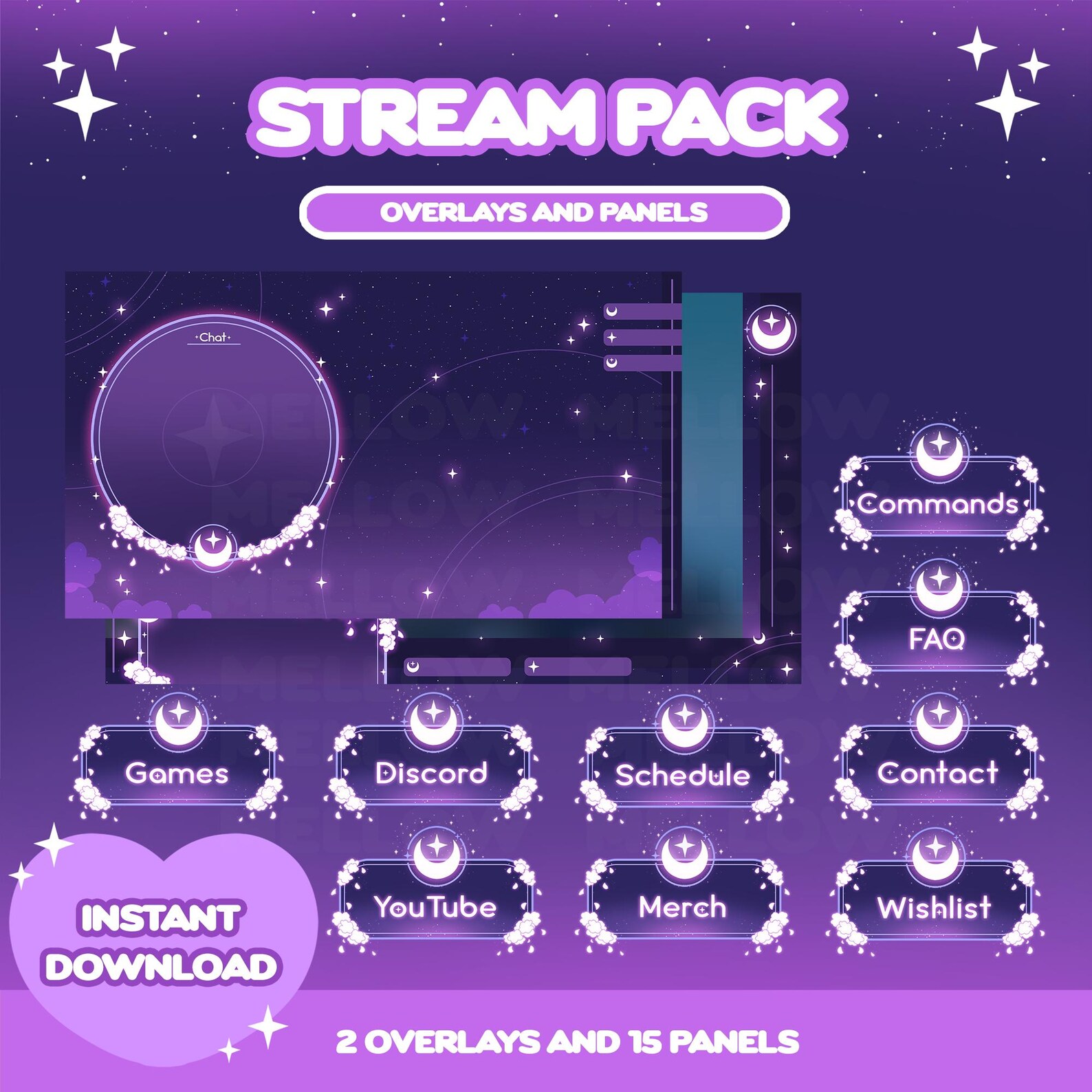 Moon Flowers Twitch Stream Pack, Purple Celestial Graphics (digital ...