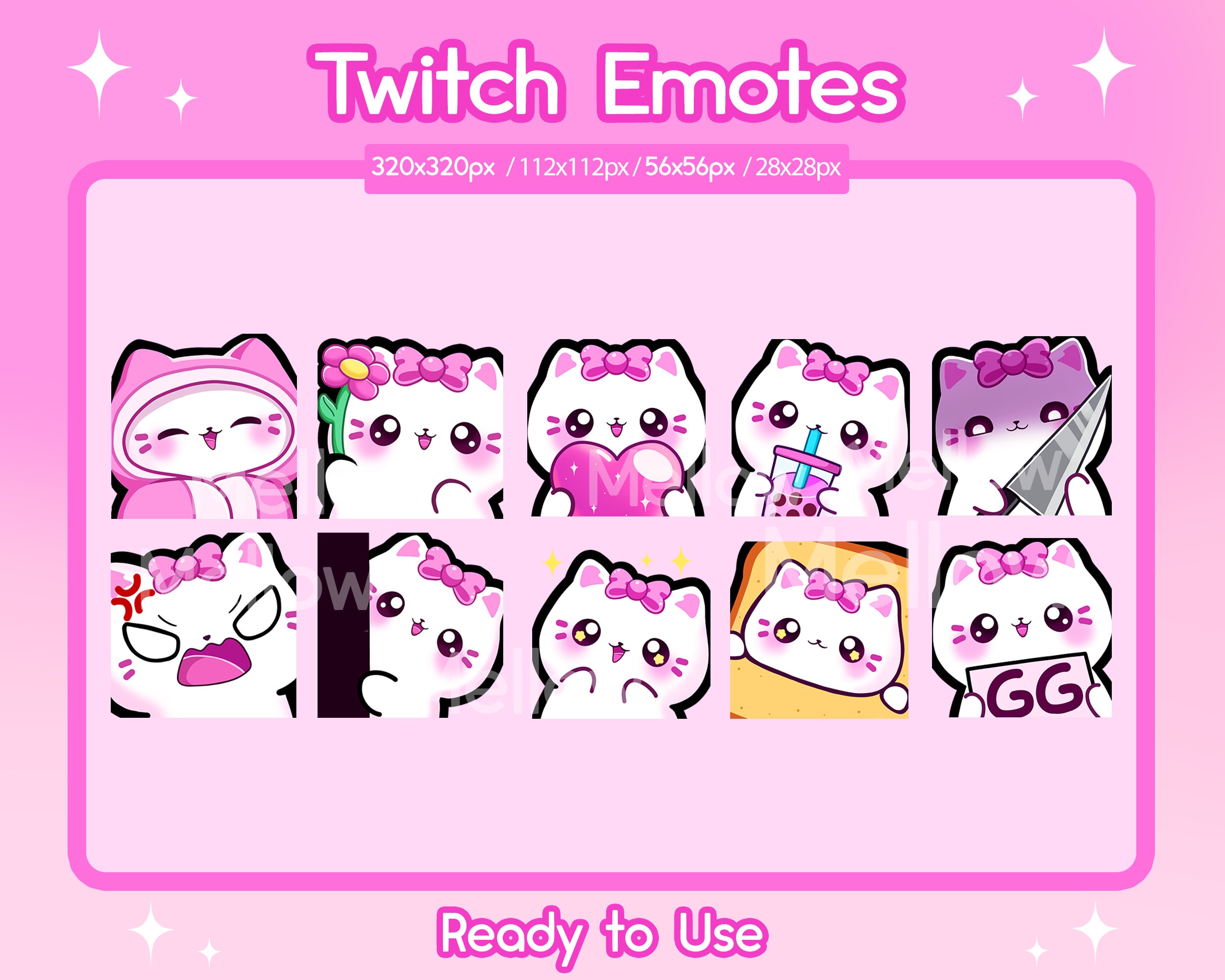 Kawaii Cat Twitch Emotes: Comfy, Flower, Love, Boba (10 Pack) (digital ...