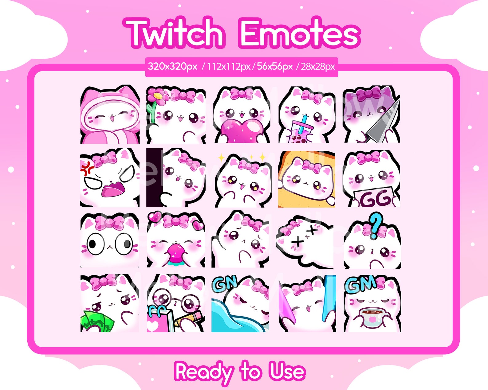 20 Cat Emotes for Twitch | Discord | White Cat Emotes | Kawaii | Kitty ...
