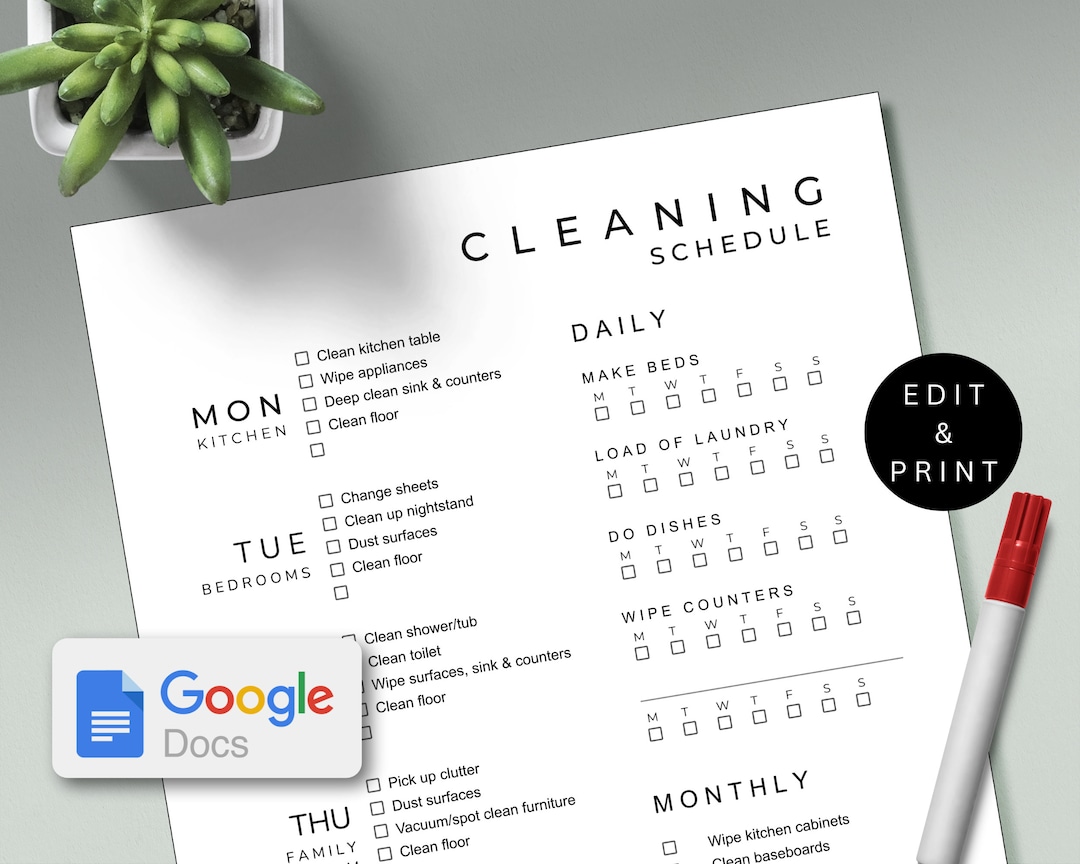 Minimal Weekly Cleaning Schedule Template Google Docs | Easy-to-edit ...