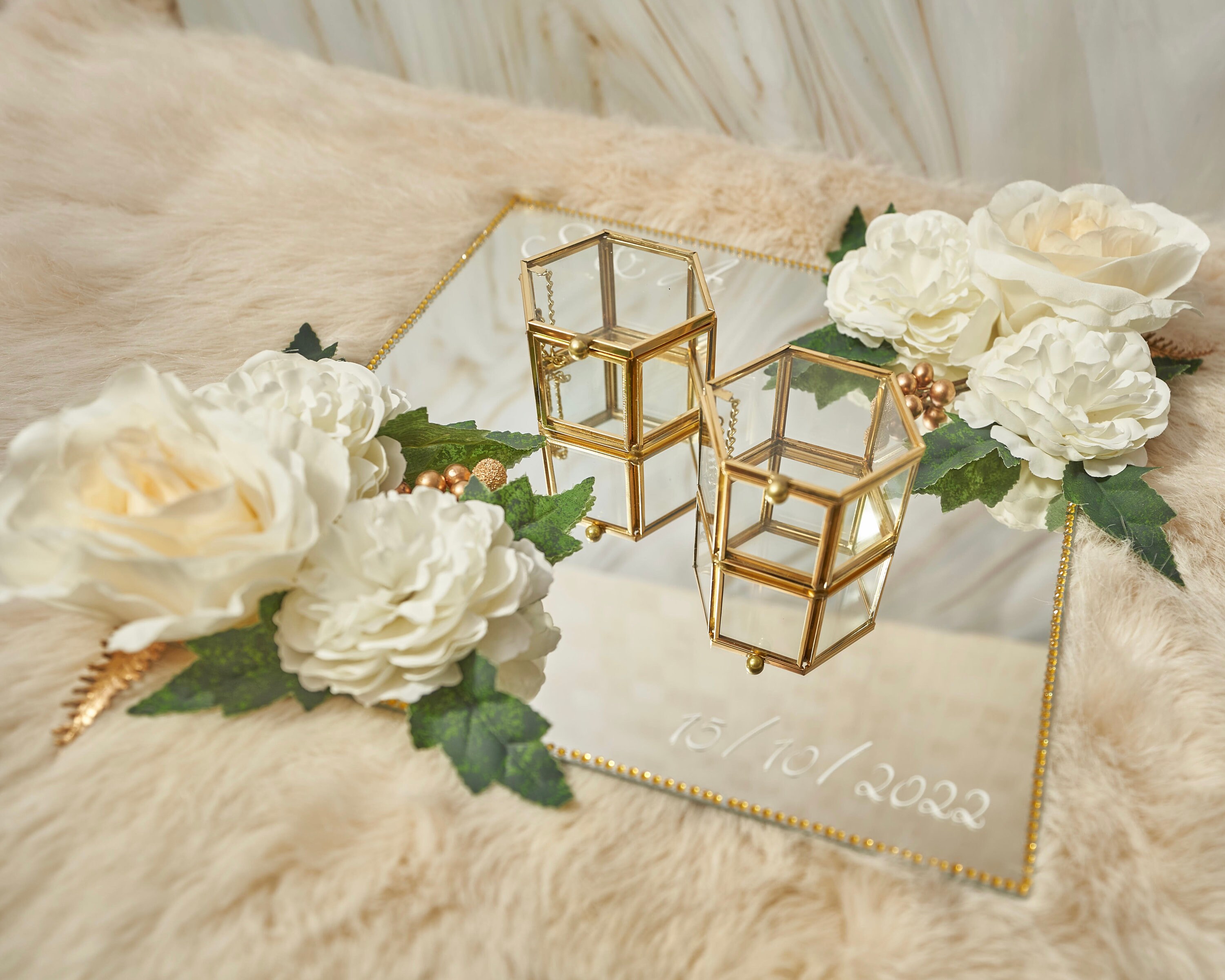 A Square Mirror Ring Plate to Display Bride and Groom’s Rings on Their ...