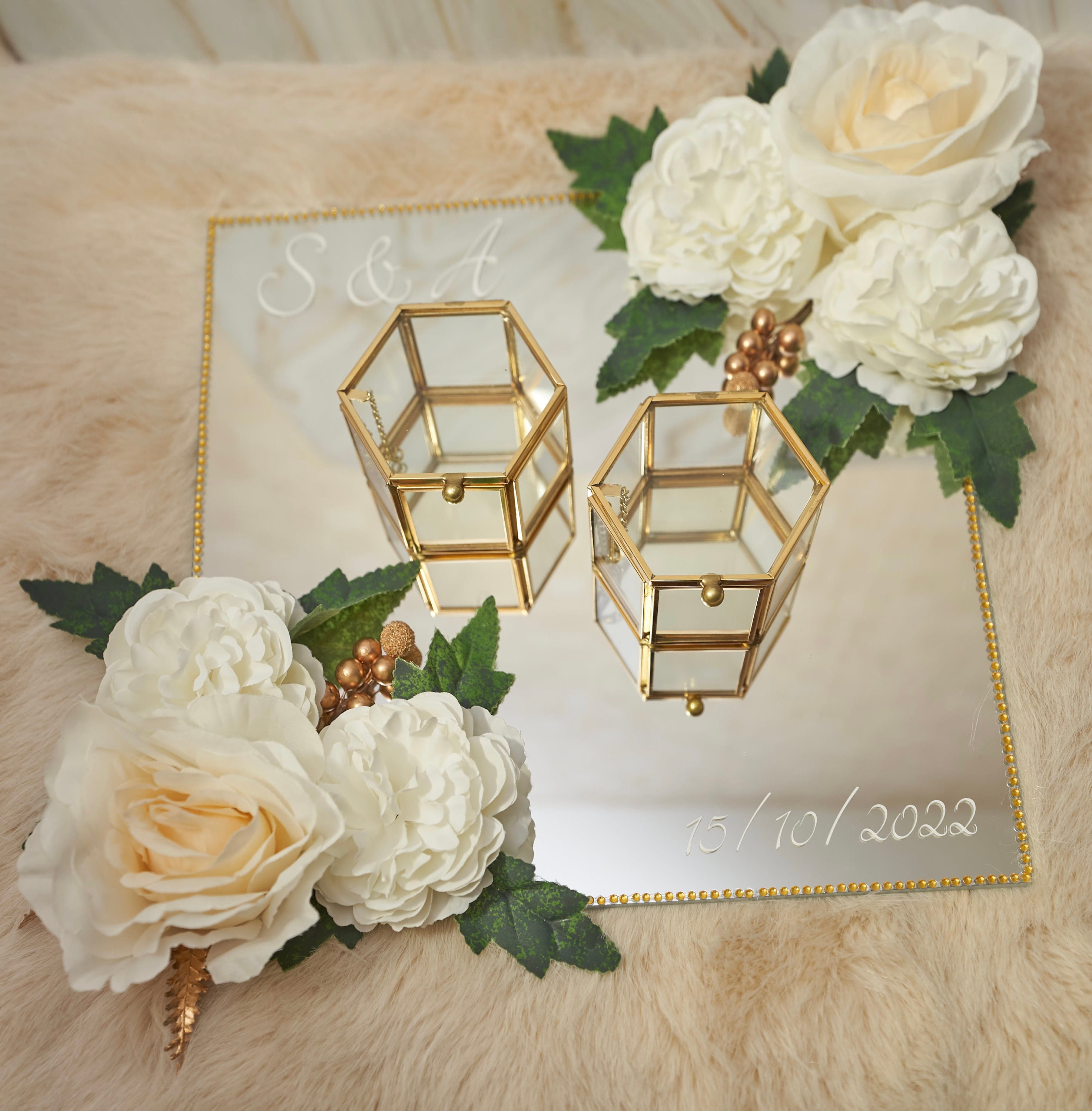 A Square Mirror Ring Plate to Display Bride and Groom’s Rings on Their ...