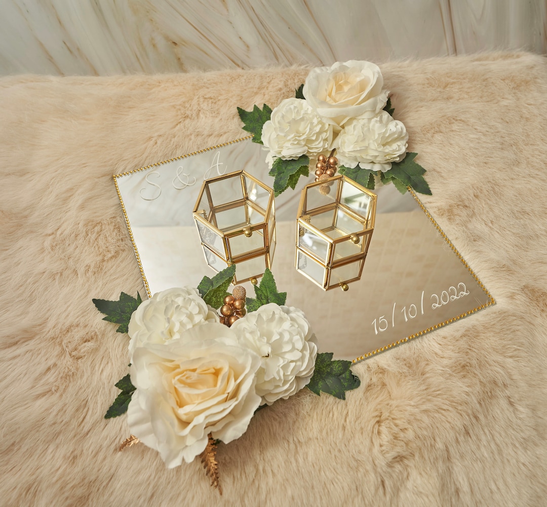 A Square Mirror Ring Plate to Display Bride and Groom’s Rings on Their ...