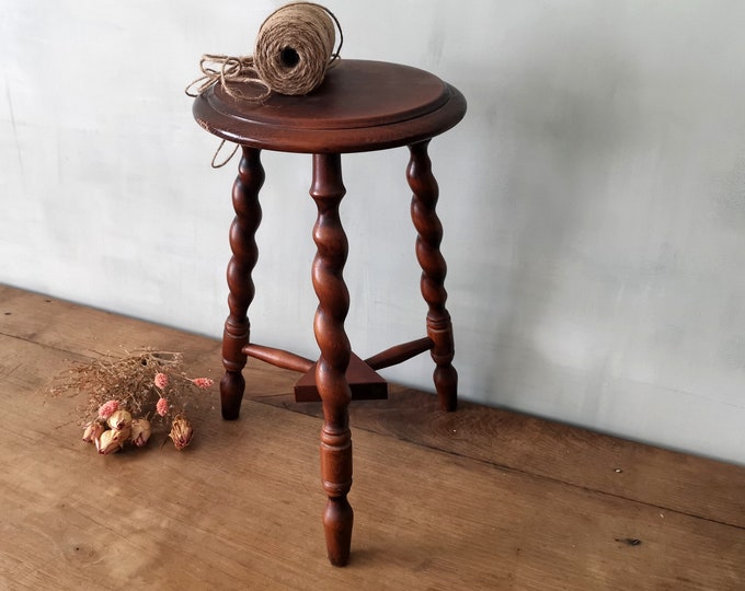 Antique French Stool Chair / Round Wood Side Coffee Table / Rustic ...