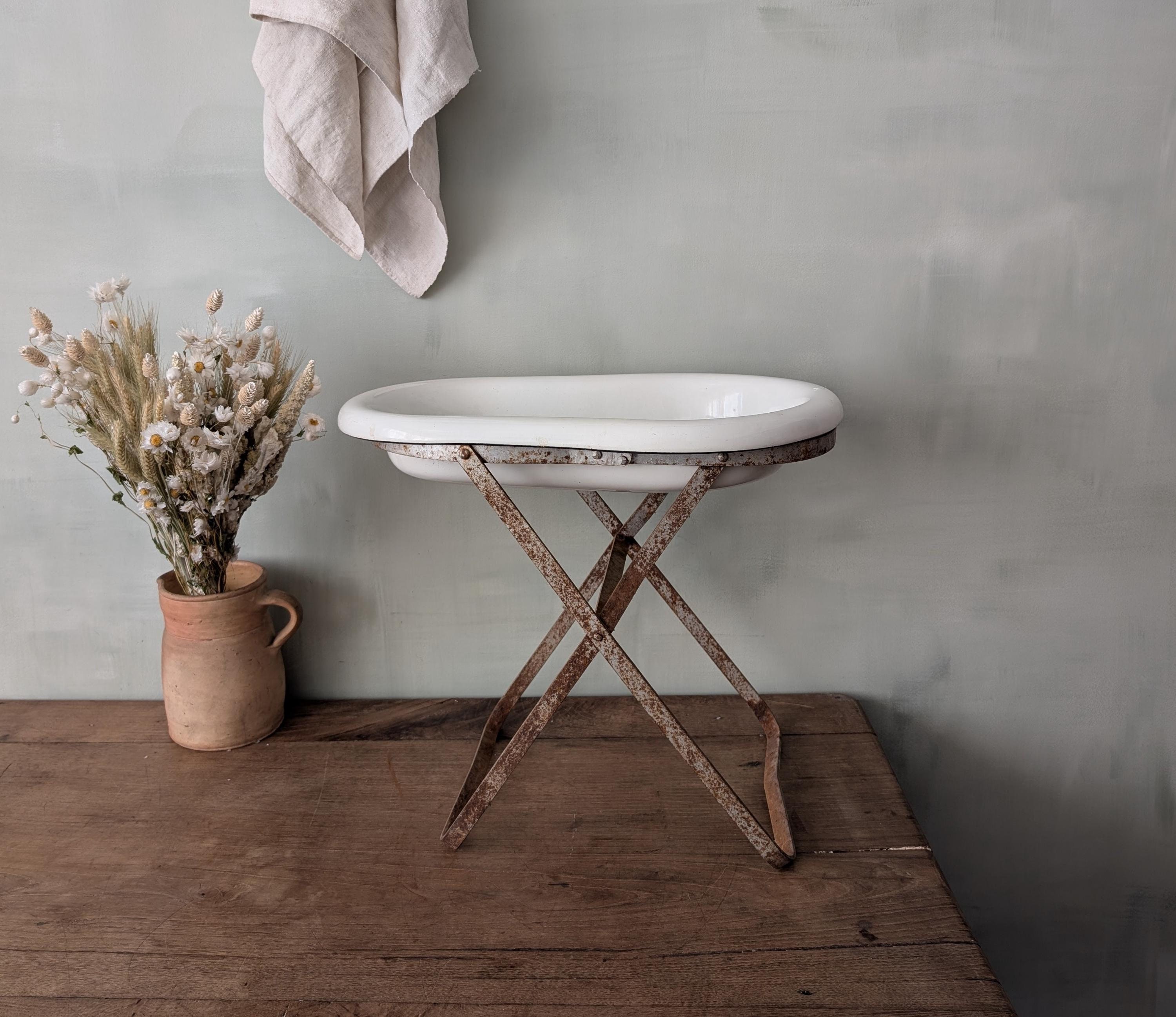 Antique French Bidet Bowl, White Enamel Metal Wash Stand, Washbasin ...
