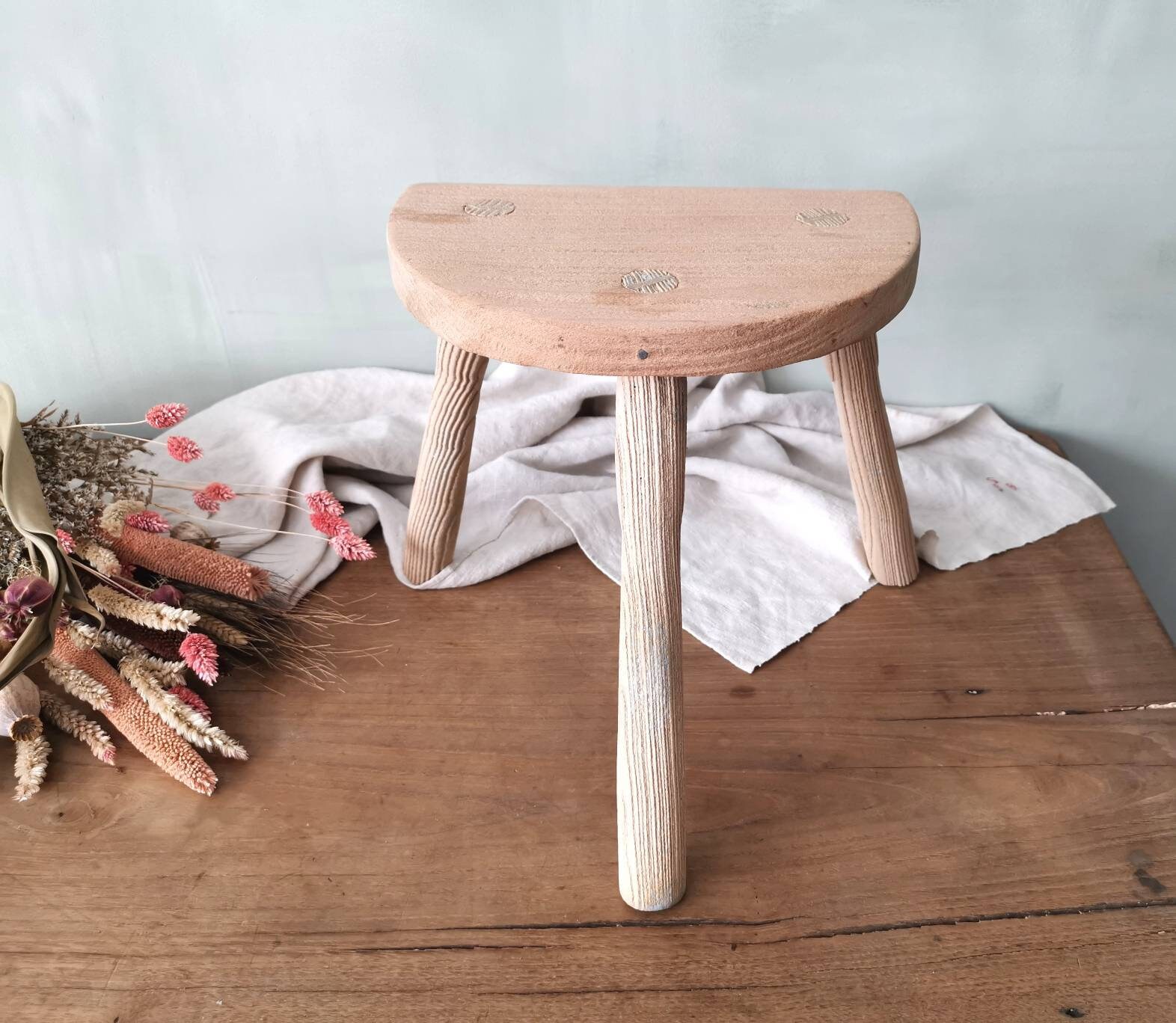 Antique French Half-moon Seat Stool Chair / Raw Wood / Rustic Wooden ...