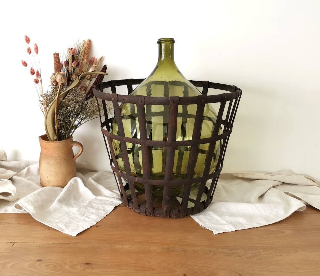 1900 Extra Large French Antique Demijohn With Its Iron Basket, Light ...