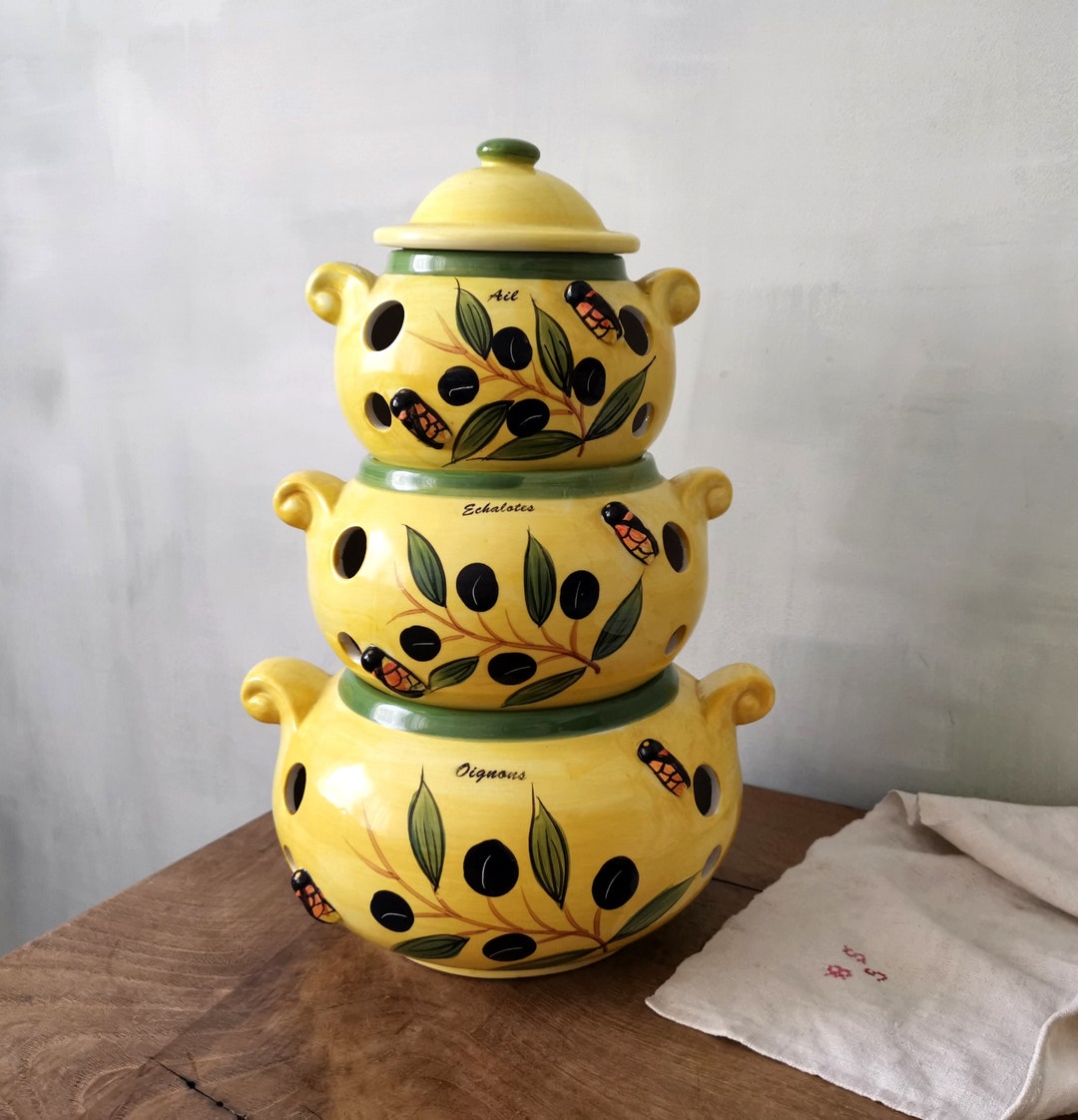 Provencal Garlic Onion Storage Pot, Green Yellow Glazed Tarracotta ...