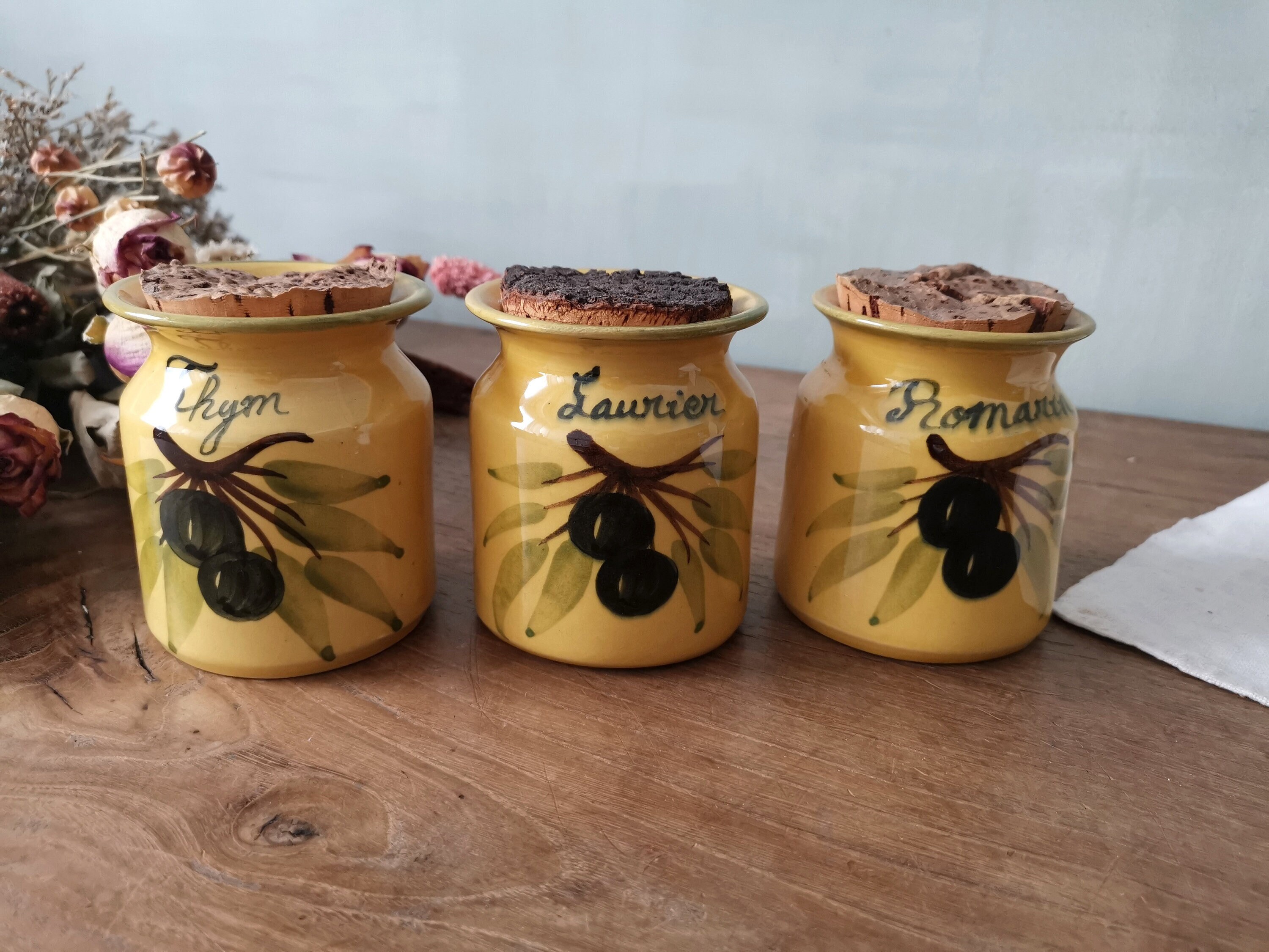 French Vintage Set of 3 Spice Jars, Yellow and Black Olive Branch, Provencal Ceramic, Rosemary ...