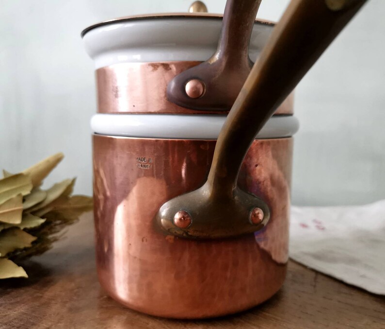French Hammered Copper Bain Marie, Double Boiler W APILCO White ...