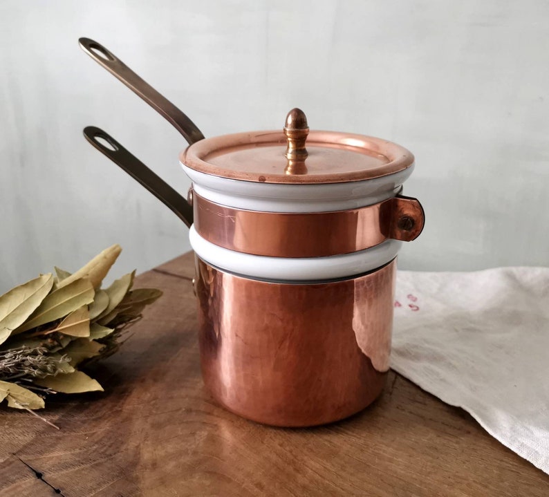 French Hammered Copper Bain Marie, Double Boiler W APILCO White ...