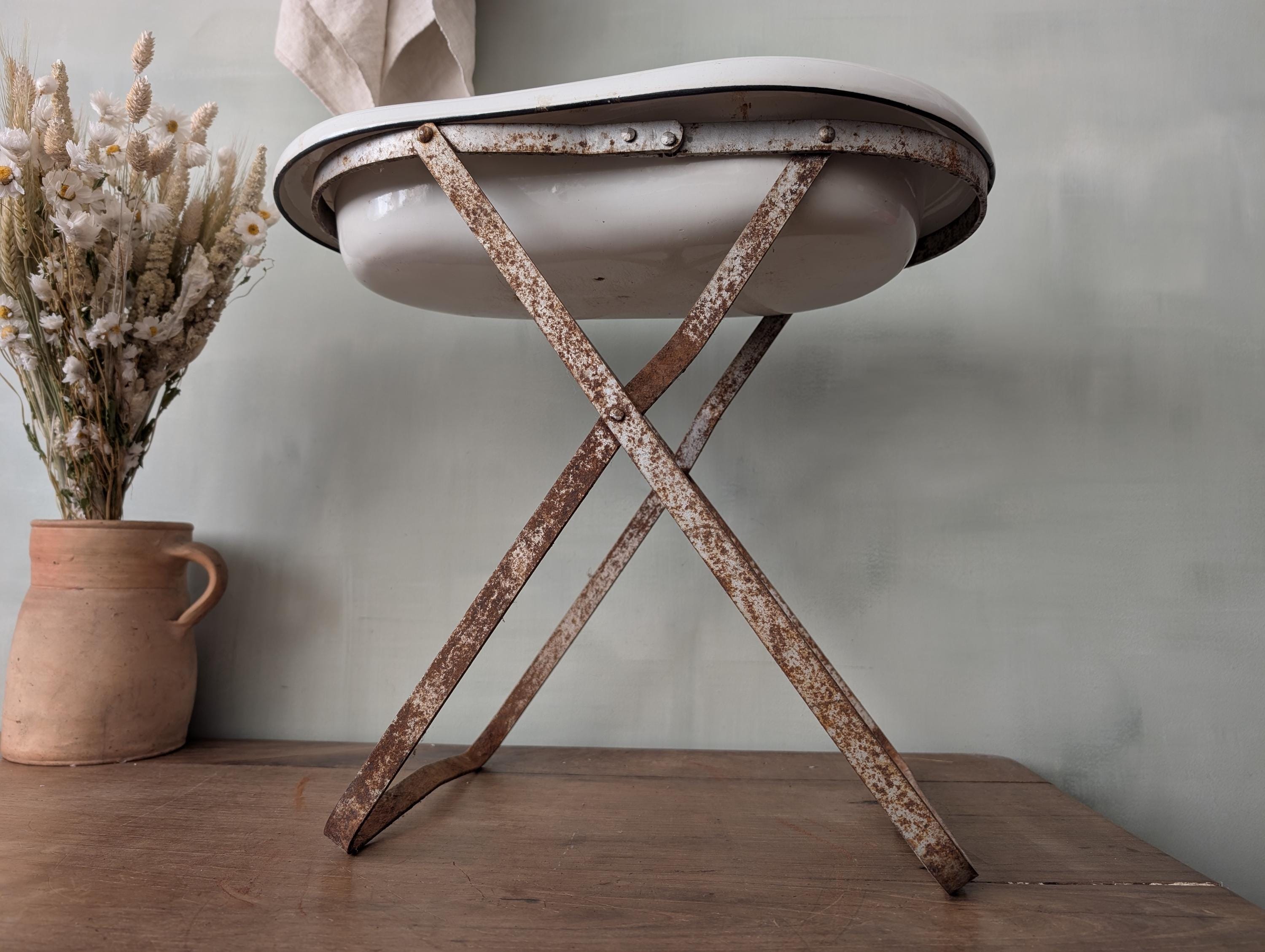 Antique French Bidet Bowl, White Enamel Metal Wash Stand, Washbasin ...
