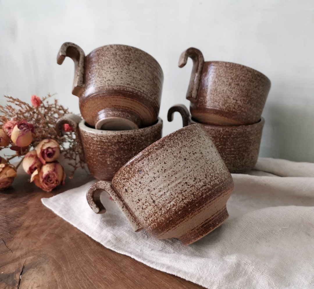 Set of 5 Mugs, Natural Brown Beige Stoneware, Large Chocolat Cups - Etsy
