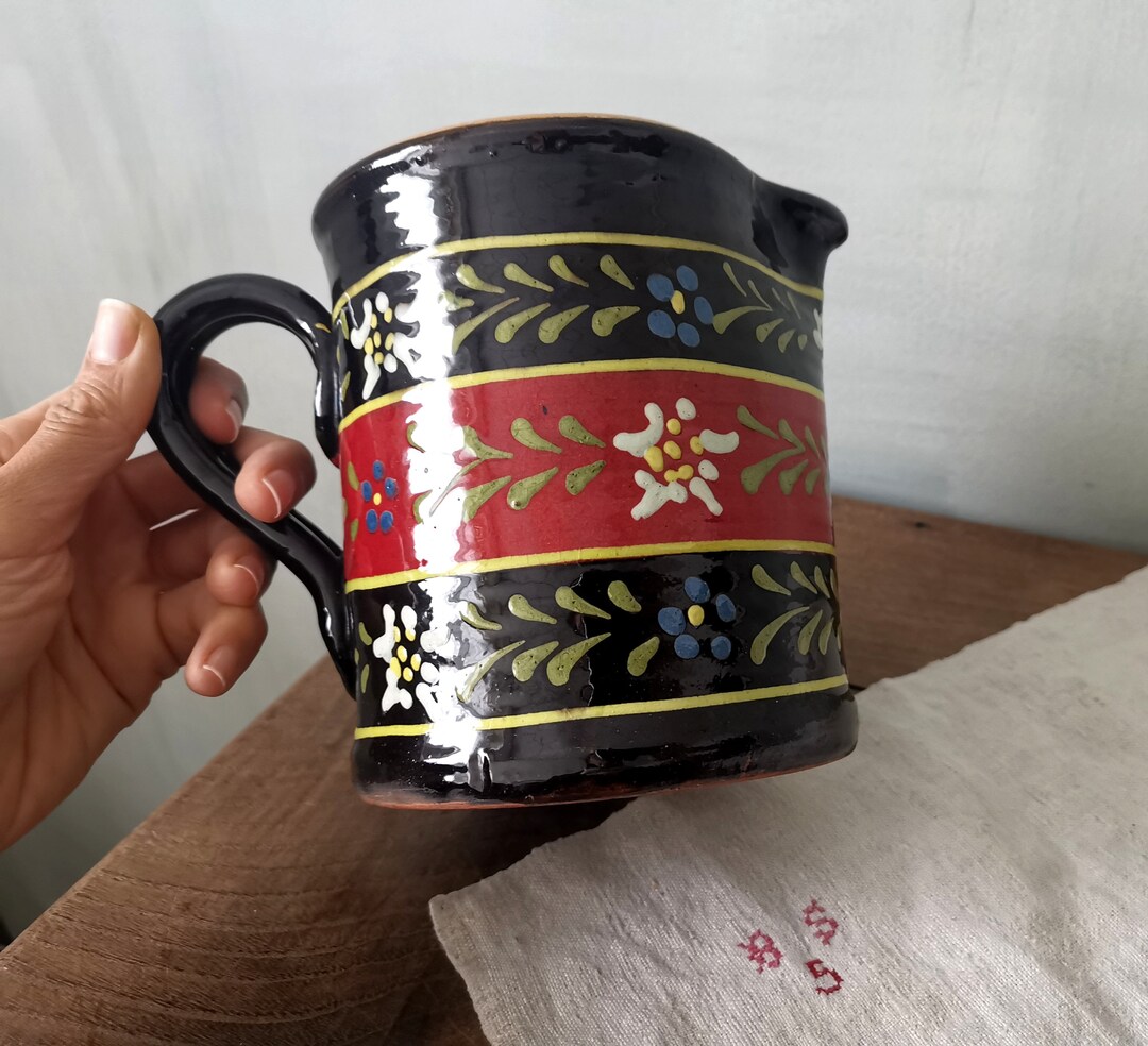 Vintage French Pitcher, Alsace Pottery, Floral Glazed Terracotta ...