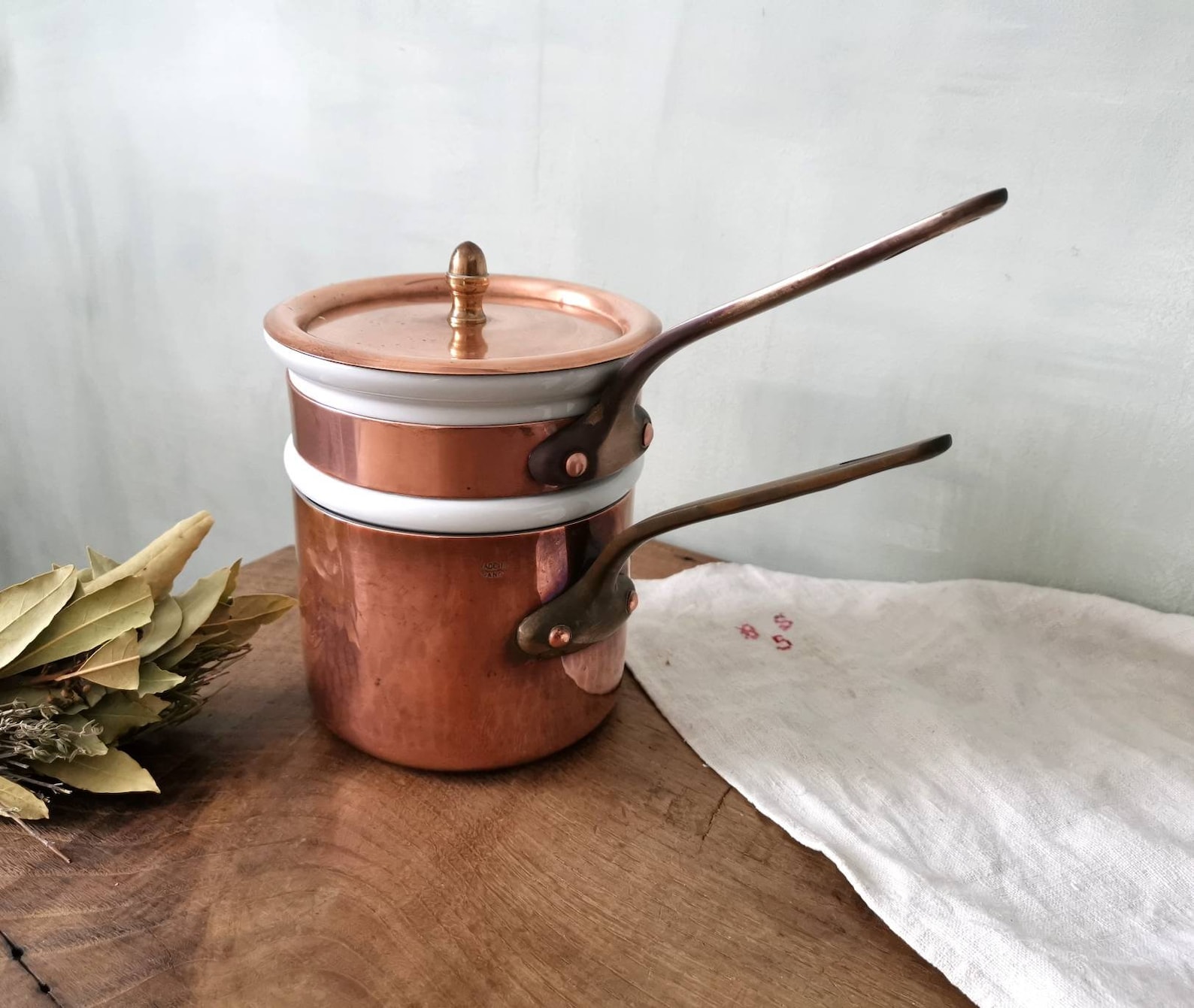 French Hammered Copper Bain Marie, Double Boiler W APILCO White ...
