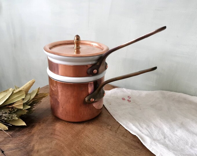 French Hammered Copper Bain Marie, Double Boiler W APILCO White ...