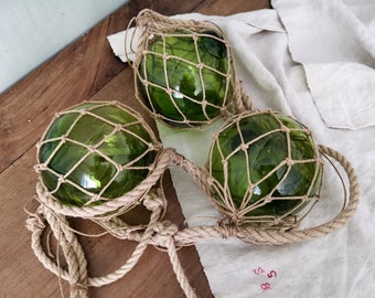 4 Glass Fishing Floats on Rope Fish Net Buoy Ball Nautical Beach Decor ...