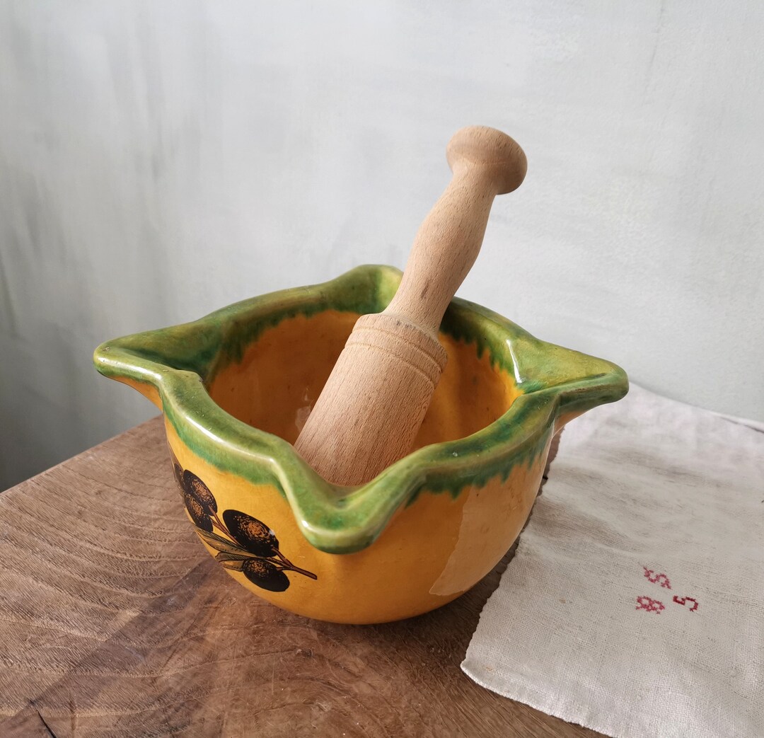 Vintage Provencal Apothecary Mortar With Pestle, Green Yellow Glazed ...