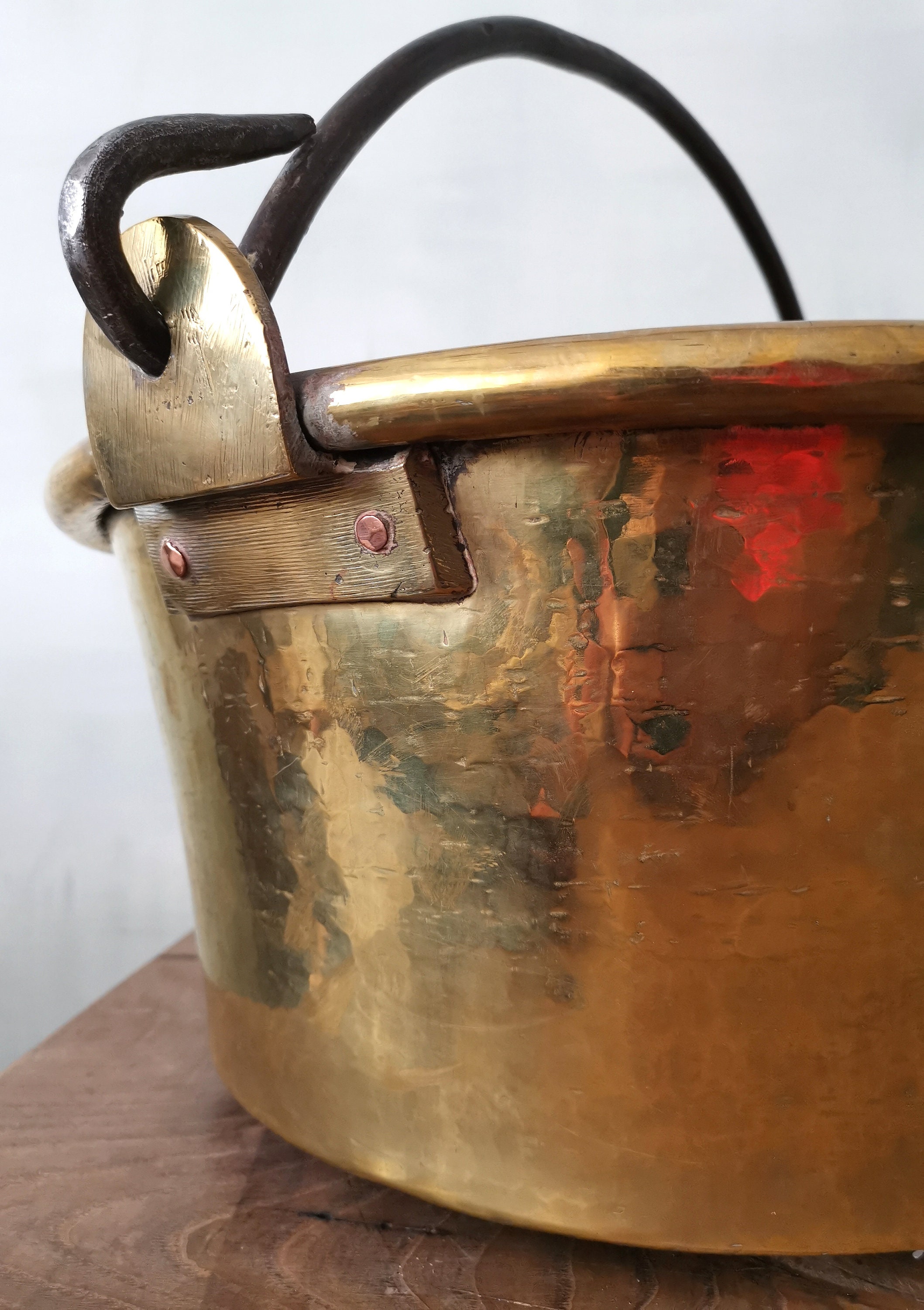 Antique French Brass Cauldron, Hand Hammered, Wrought Iron Handle ...