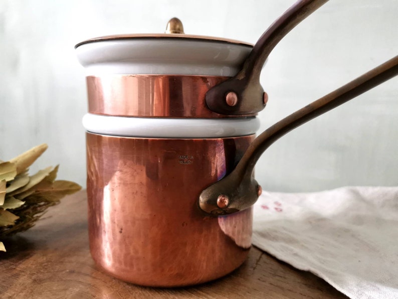 French Hammered Copper Bain Marie, Double Boiler W APILCO White ...