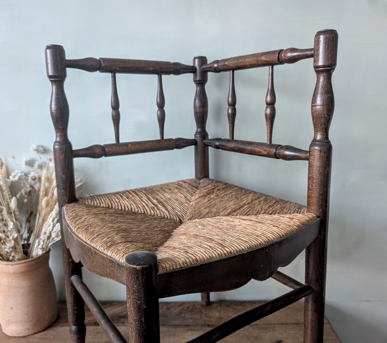Vintage French Corner Chair / Dark Brown Wood / Fireside Chair / Straw ...