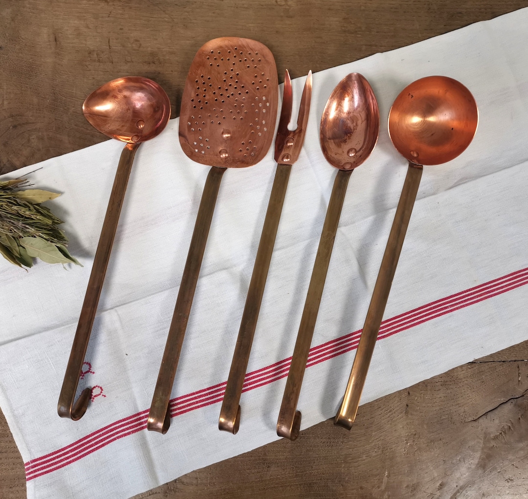Set of 5 Brass Copper Cooking Utensils, Kitchen Ustensils, Stamped Made ...
