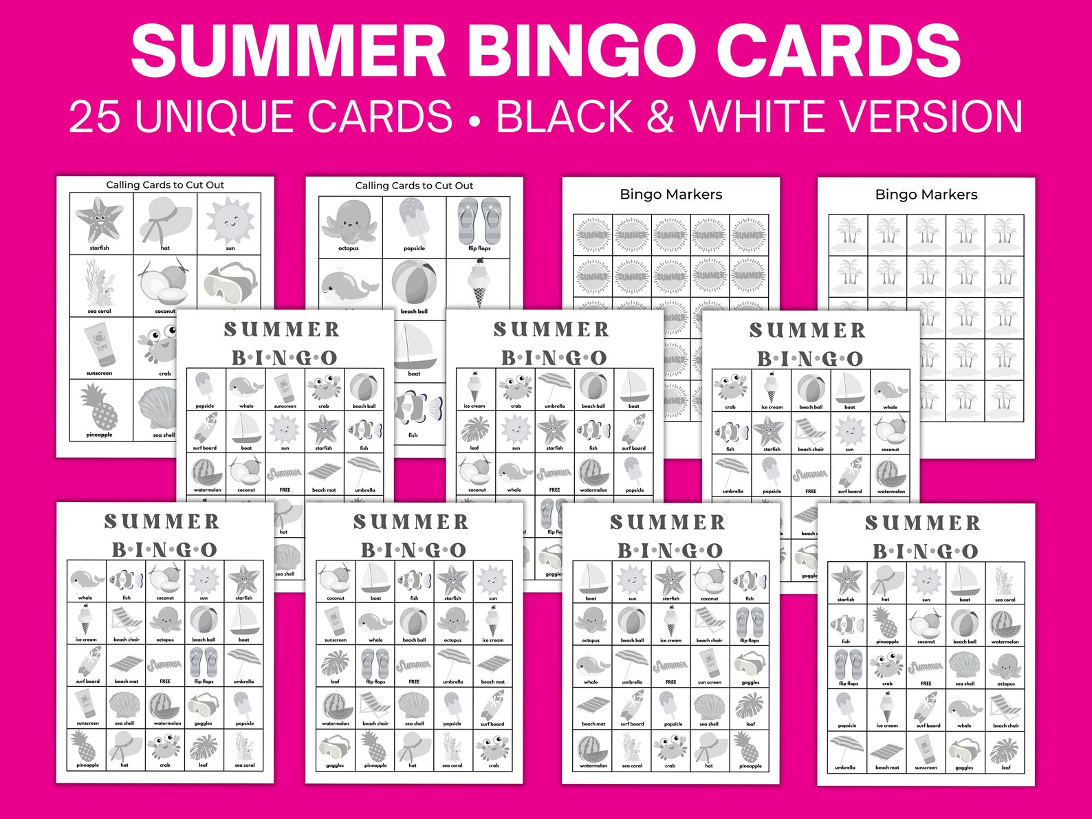 Summer Beach Bingo Printable Party Game Cards Activities for Kids, 25 ...