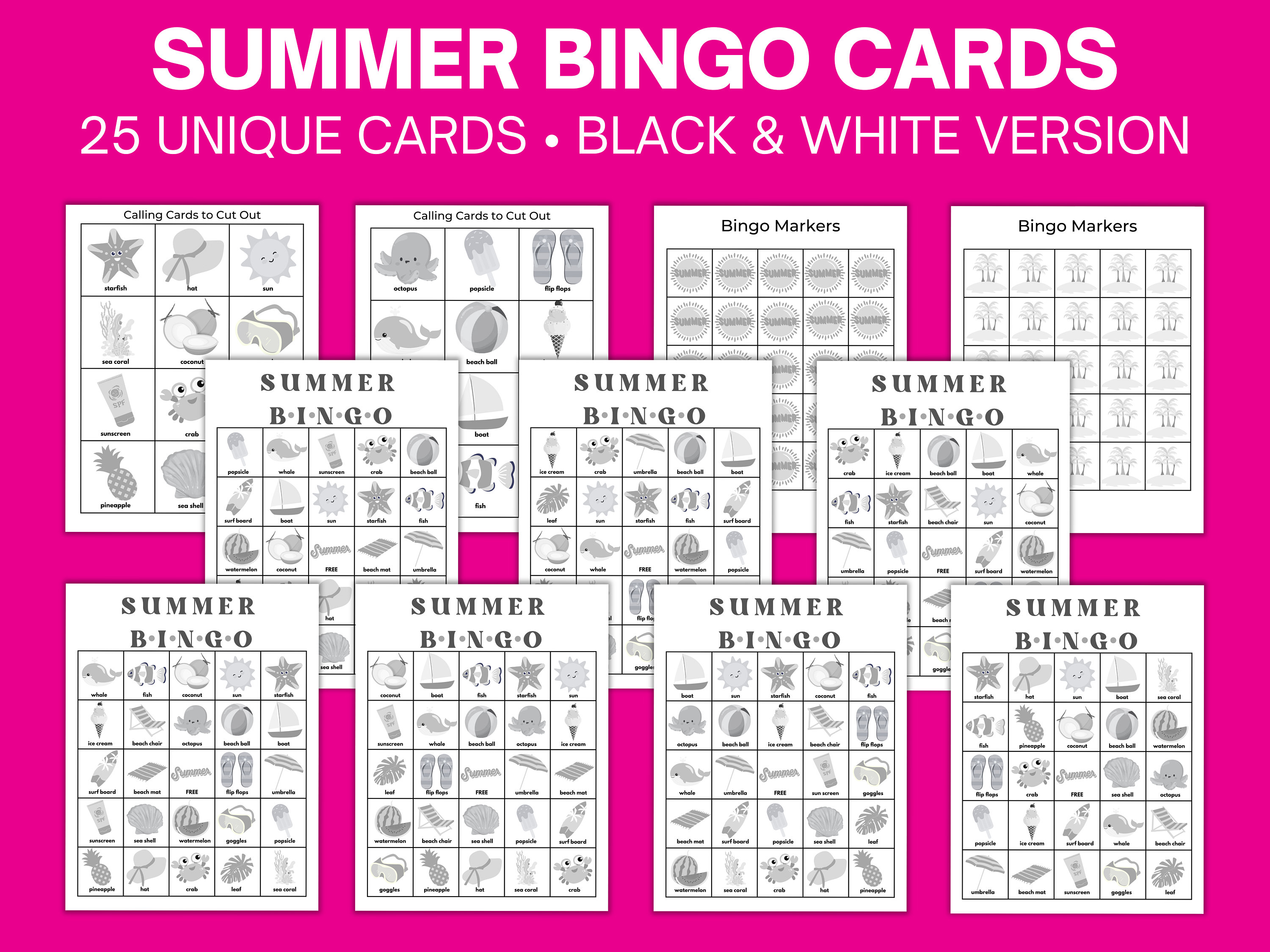 Summer Beach Bingo Printable Party Game Cards Activities for Kids, 25 ...