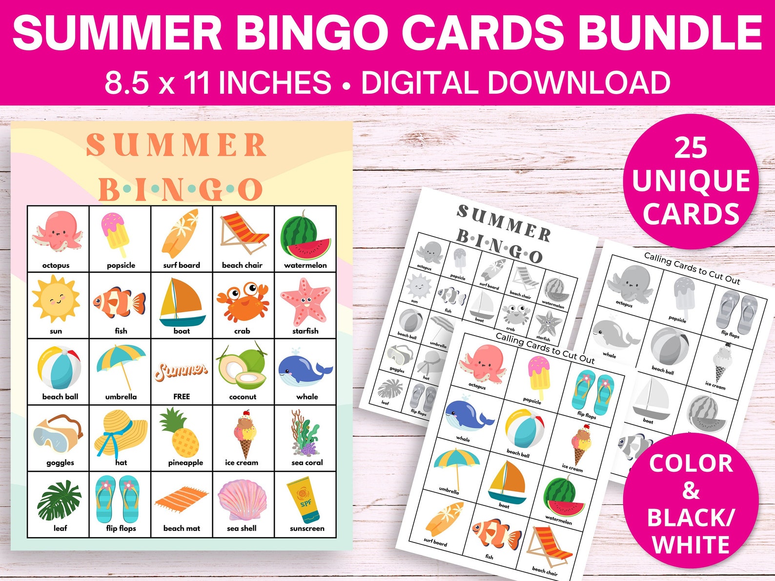 Summer Beach Bingo Printable Party Game Cards Activities for Kids, 25 ...