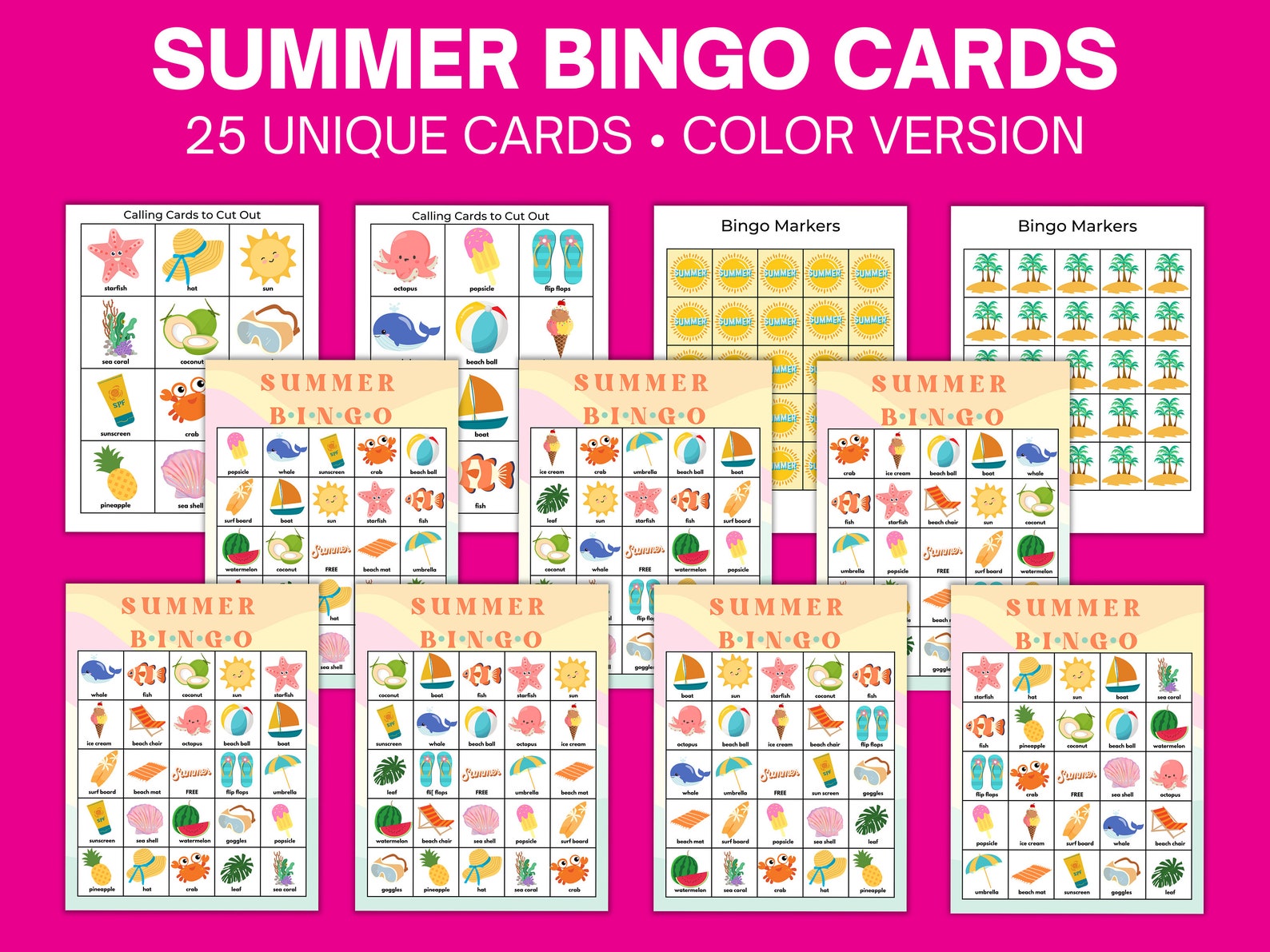 Summer Beach Bingo Printable Party Game Cards Activities for Kids, 25 ...