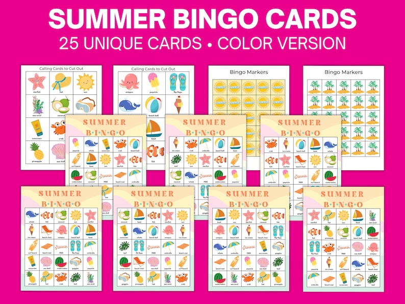 Summer Beach Bingo Printable Party Game Cards Activities for Kids, 25 ...