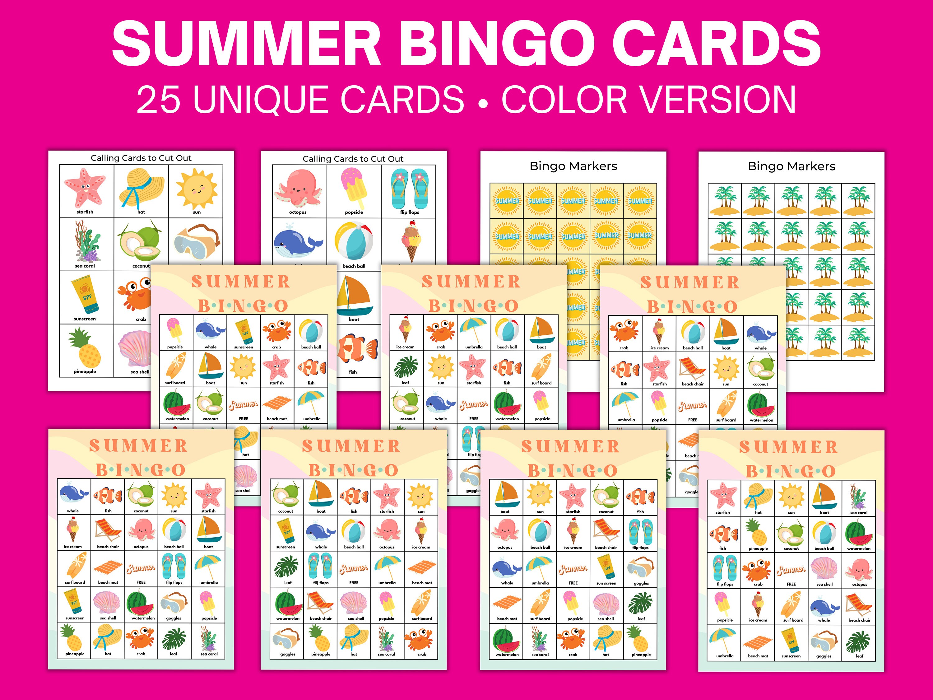 Summer Beach Bingo Printable Party Game Cards Activities for Kids, 25 ...
