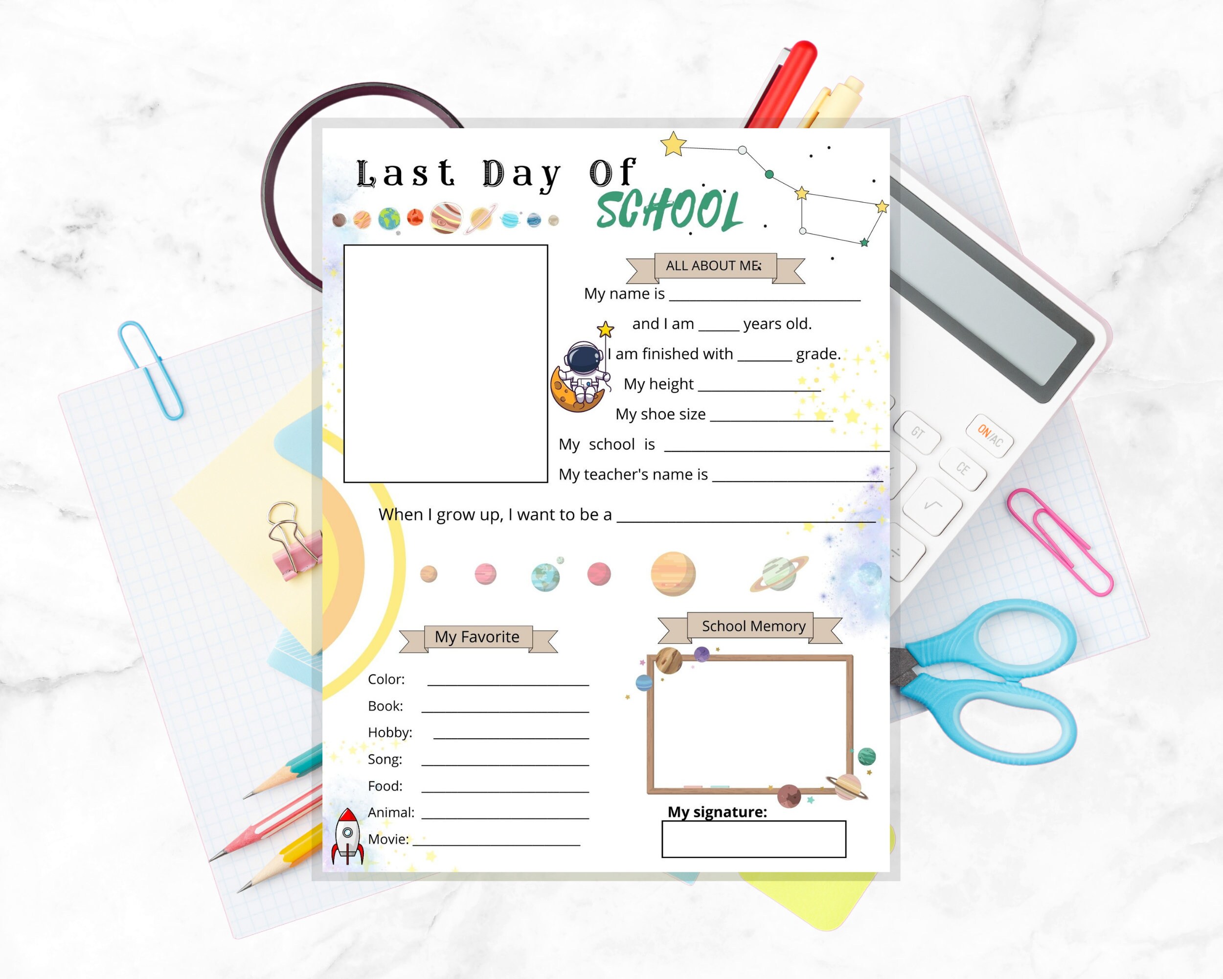 First and Last Day of School Printable, Back to School Questionnaire ...