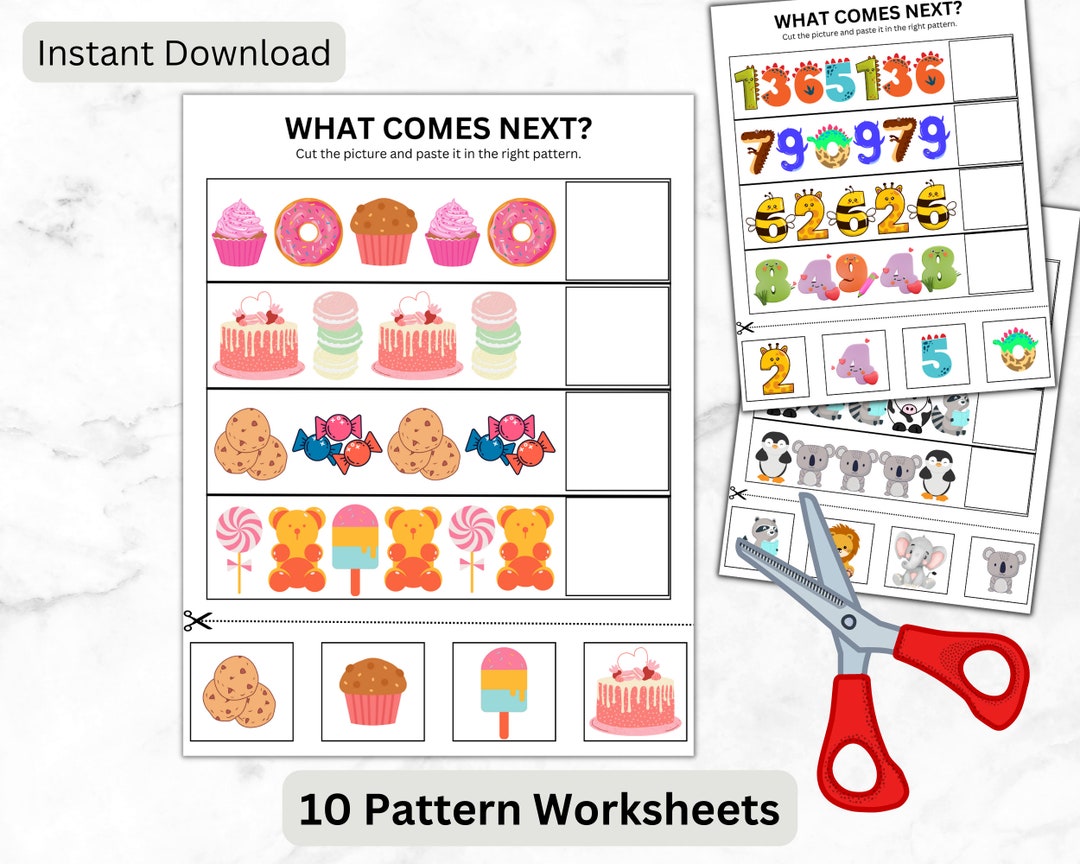 10 Pages What Comes Next Pattern Worksheets | Toddler Pattern Cut and ...